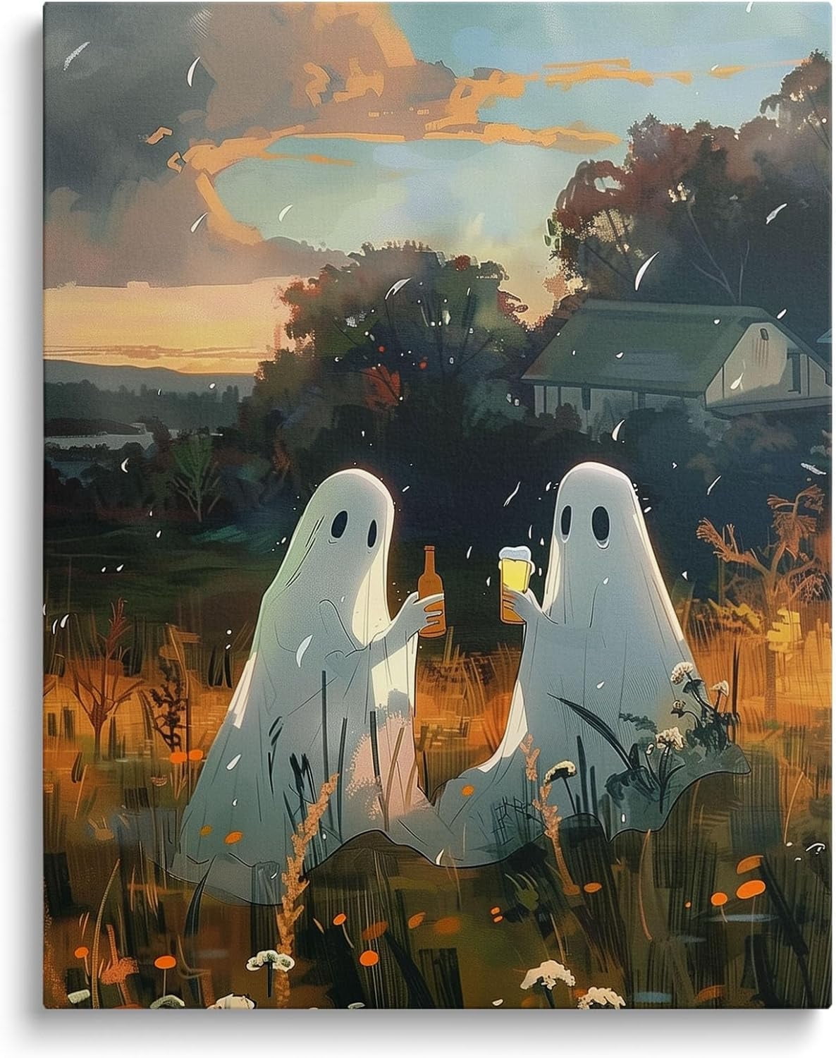 Halloween Canvas Wall Decor Print Two Cute Ghosts Drinking on Grass in ...