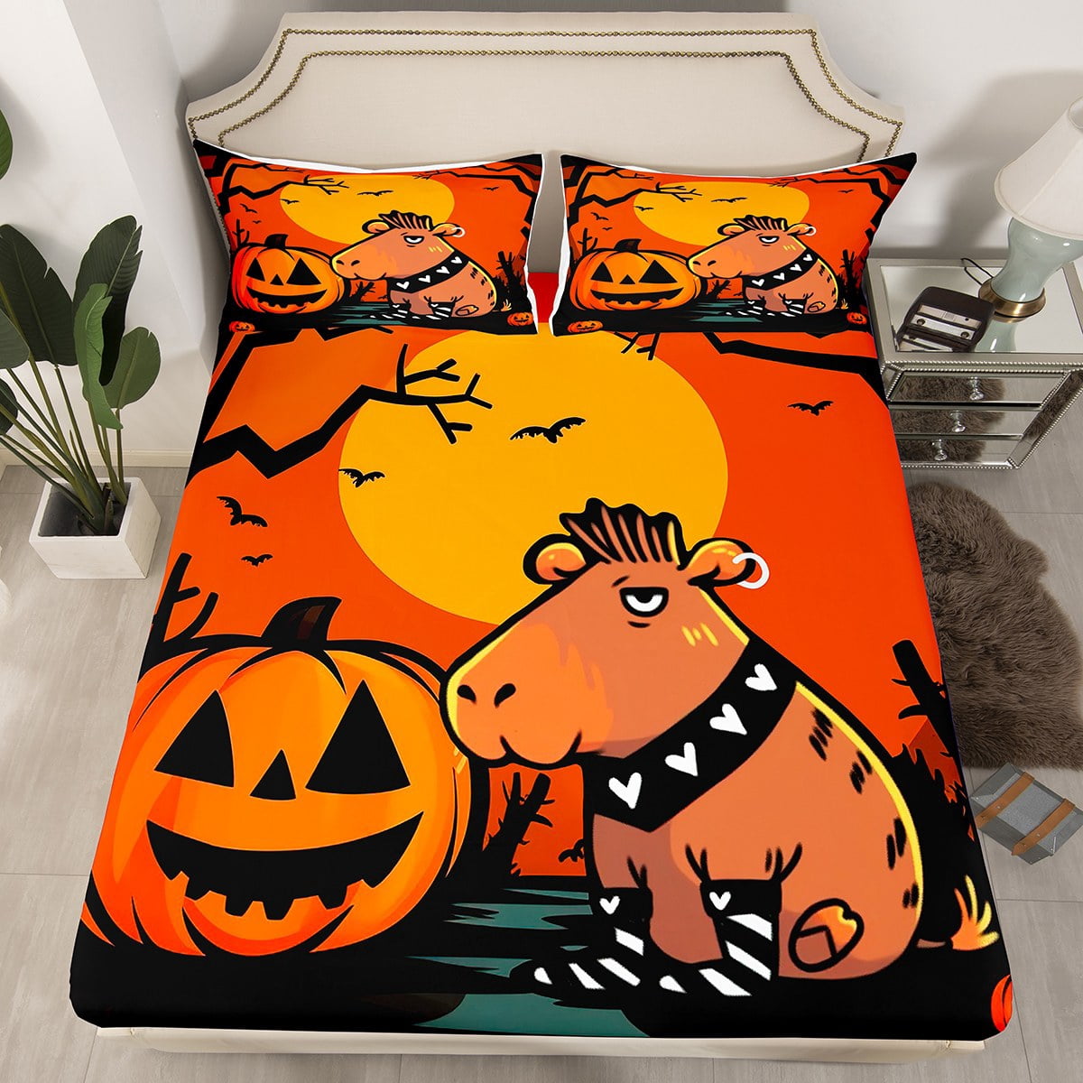 Halloween Capybara Bed Sheets Queen, Cartoon Pumpkin Lantern Bed Set ...
