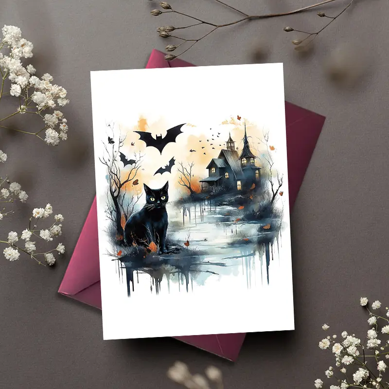 Halloween Card Featuring Black Cat and Haunted House - Spooky Design ...