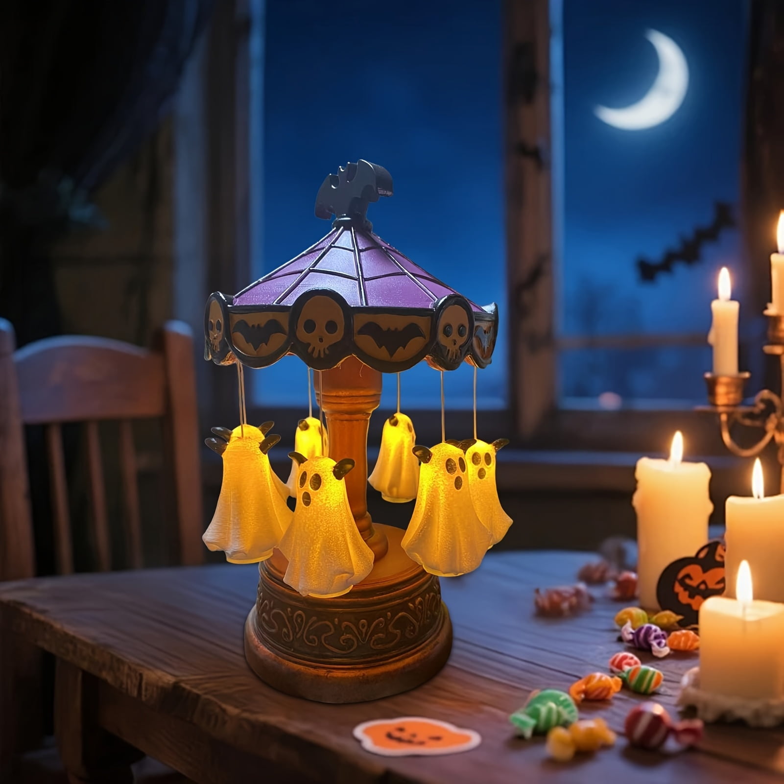 Halloween Carousel Desk Lamp - Stained Glass-Style Ghosts/Bats ...