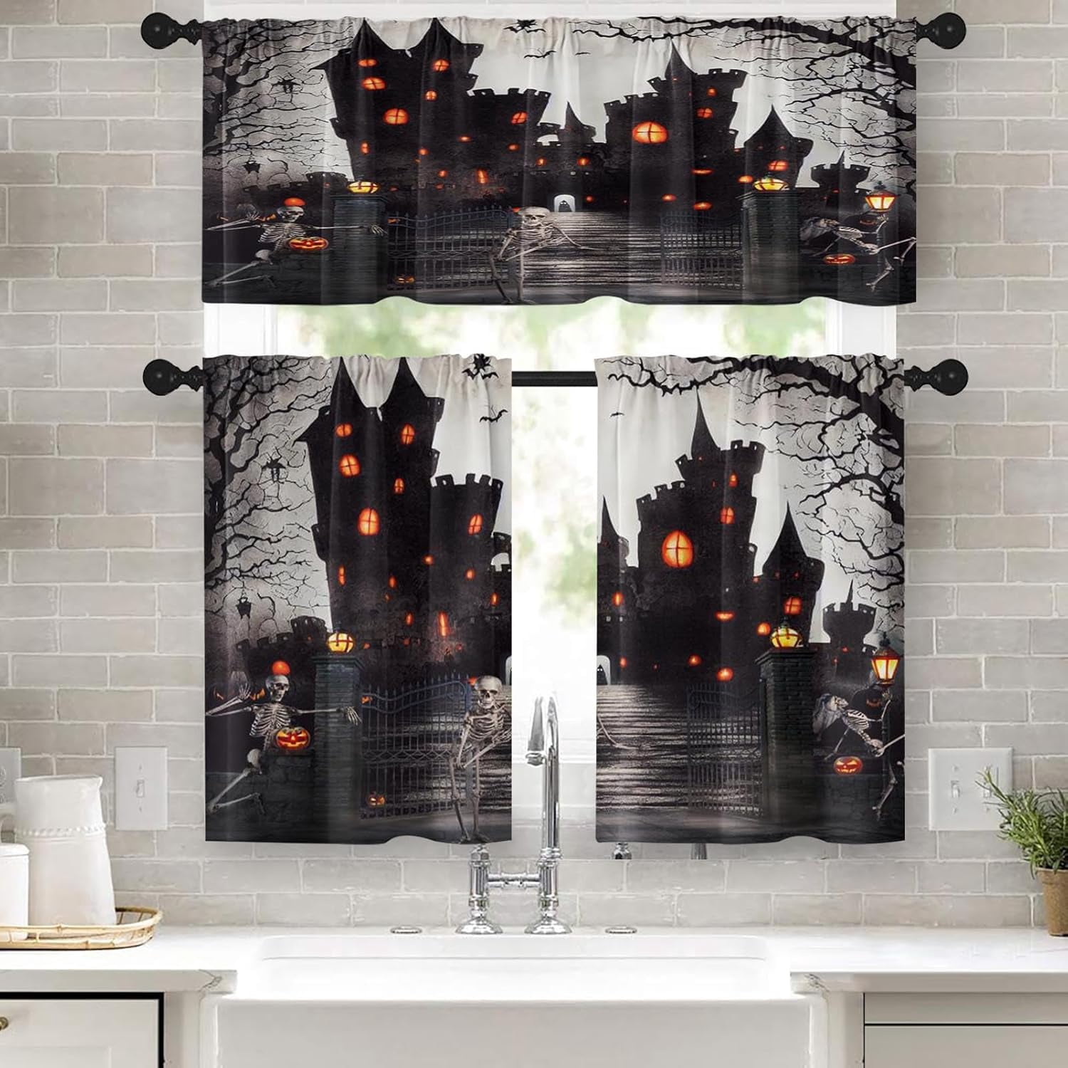 Halloween Castle Kitchen Curtains Skeleton Skull Window Curtains ...