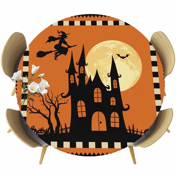 Halloween Castle Round Tablecloth, Fitted Table Cover with Elastic for ...