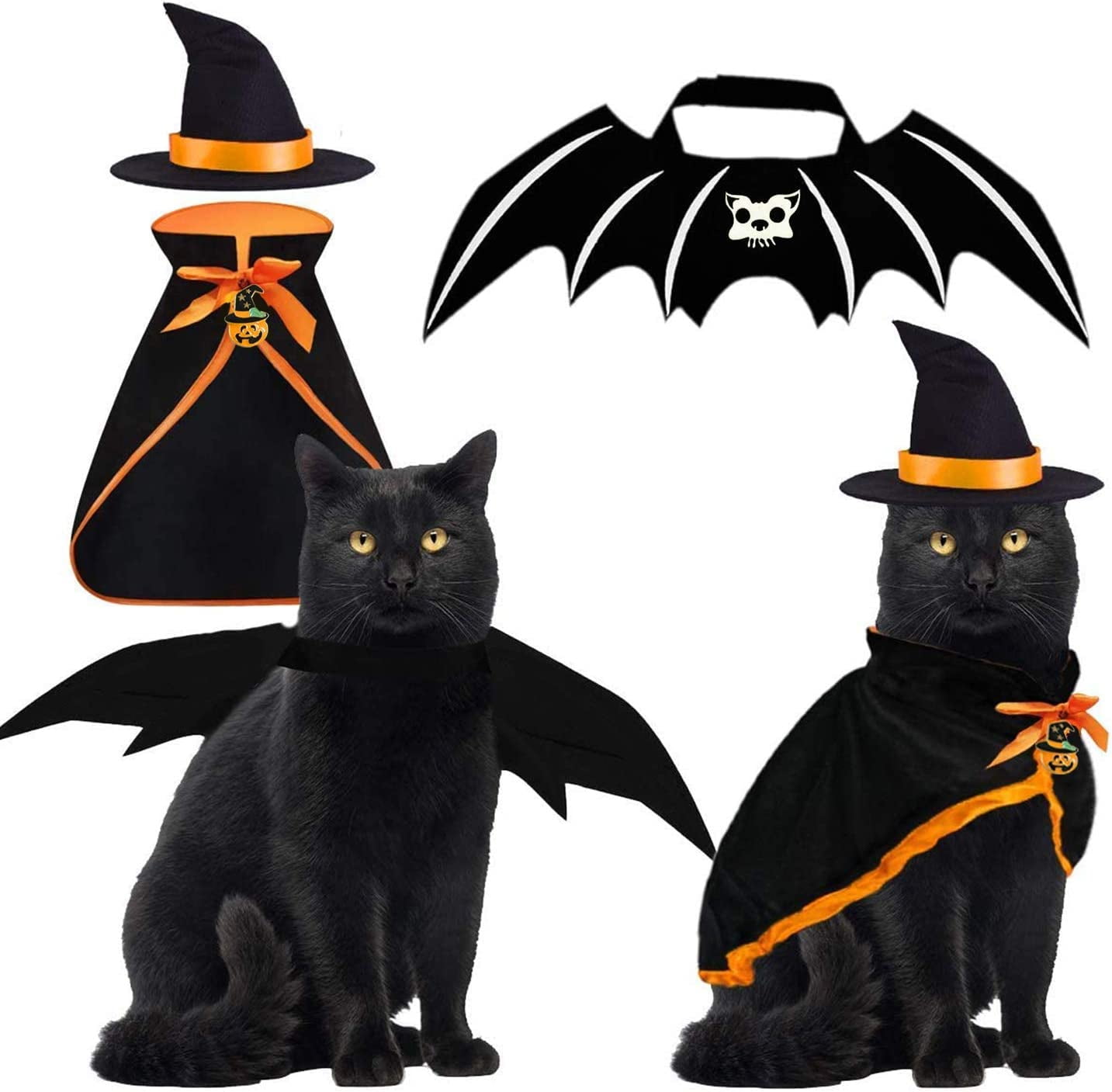 Halloween Cat Costume Bat Wings Witch Cloak Wizard Hat 3 PCS Pet ...