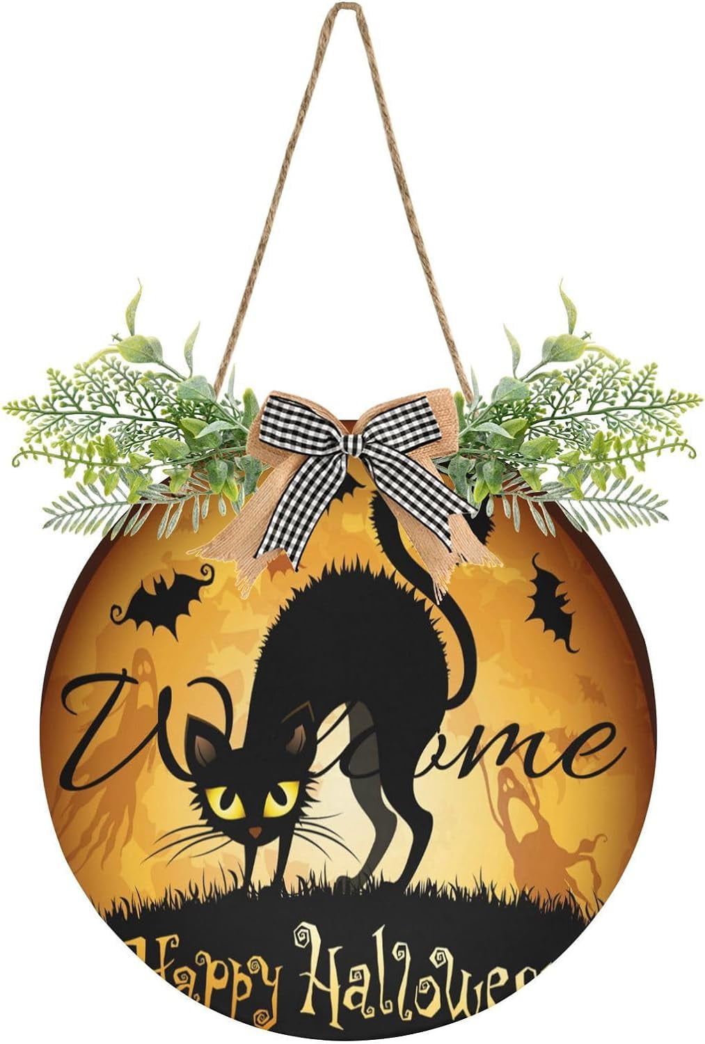 Halloween Cat Moon Welcome Sign Front Door Round Wall Door Sign with ...