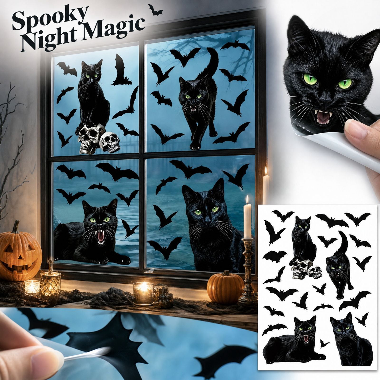 Halloween Cat Window Clings, Reusable Static Decals with Bats and ...