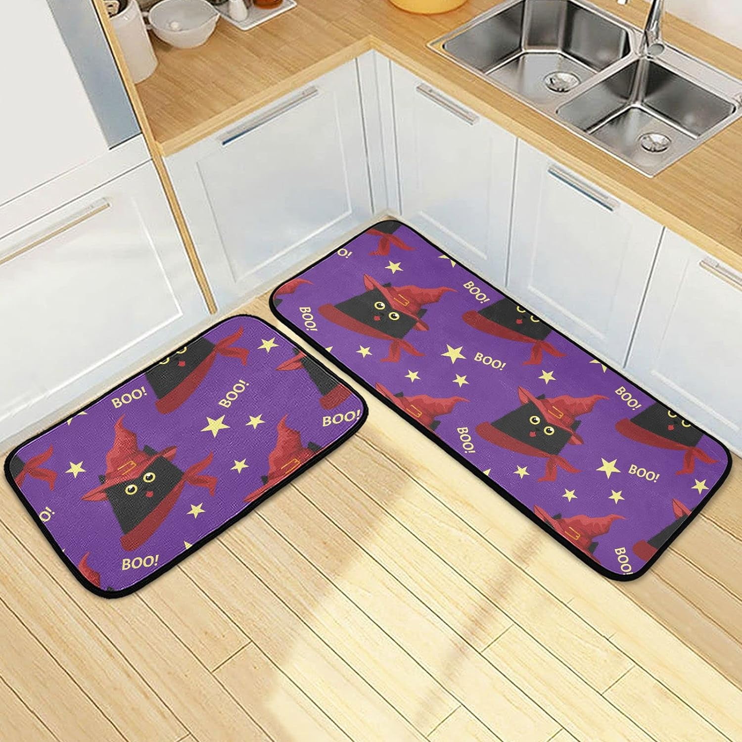 Halloween Cat Witch Kitchen Rugs 2 Pieces, Purple Stars Floor Mat Room ...