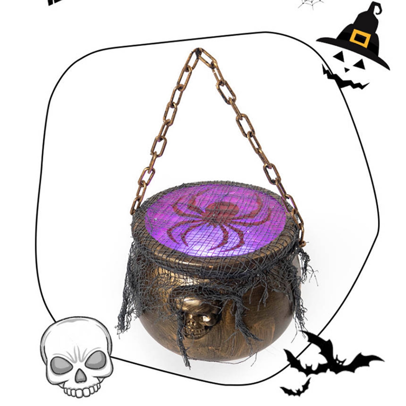 Halloween Cauldron Decoration with Purple Spider Web Light,Hanging ...
