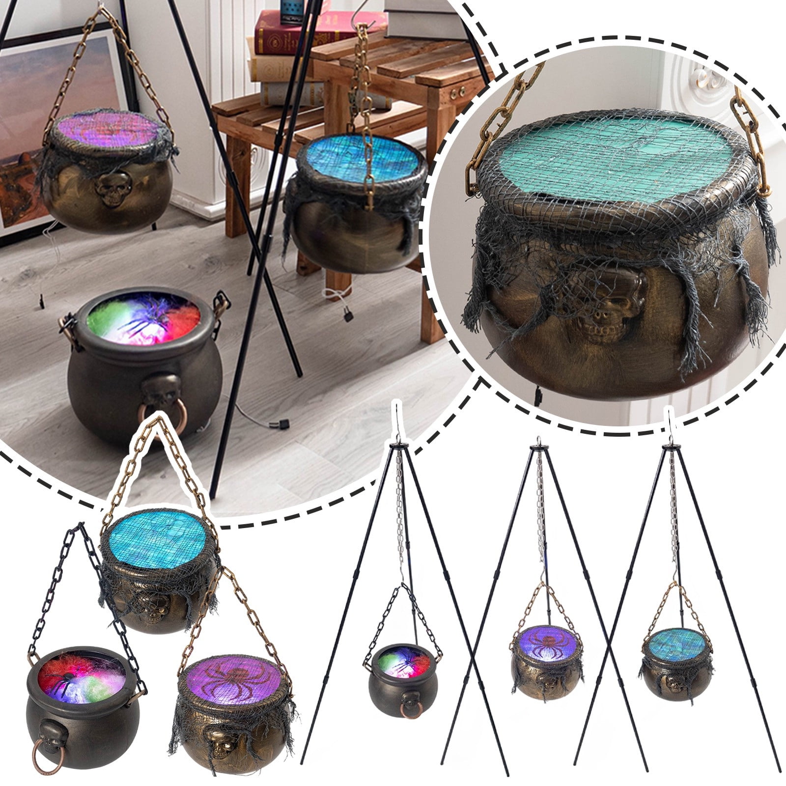 Halloween Cauldron Decoration With Purple Spider Web Light, Hanging ...