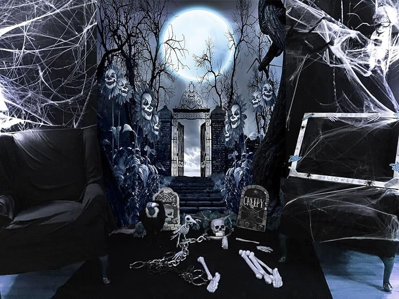 Halloween Cemetery Full Moon Backdrop Evil Cannibal Flower Dead Tree ...
