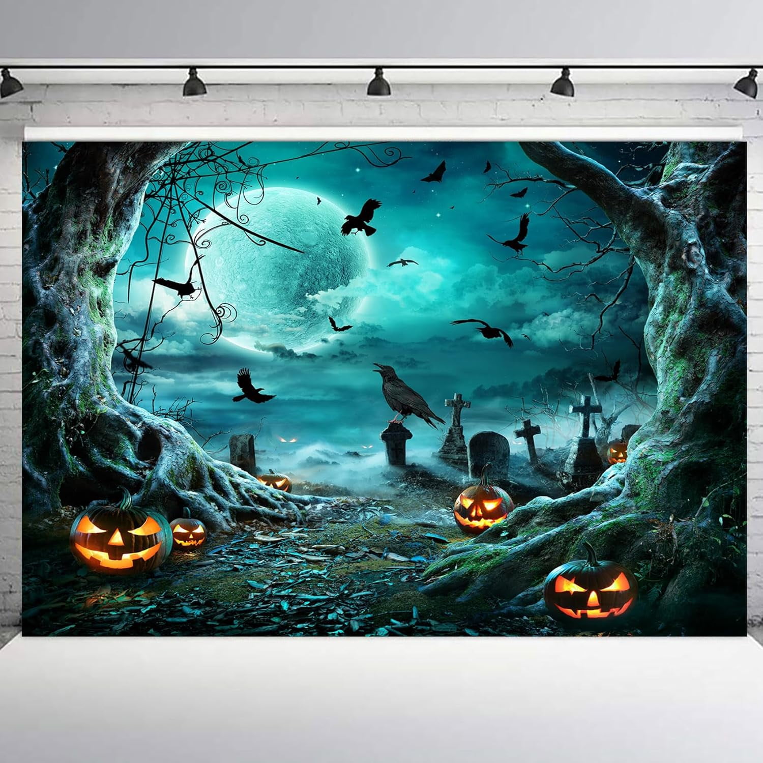 Halloween Cemetery Photo Backdrop Horror Pumpkin Grave with Crow in ...