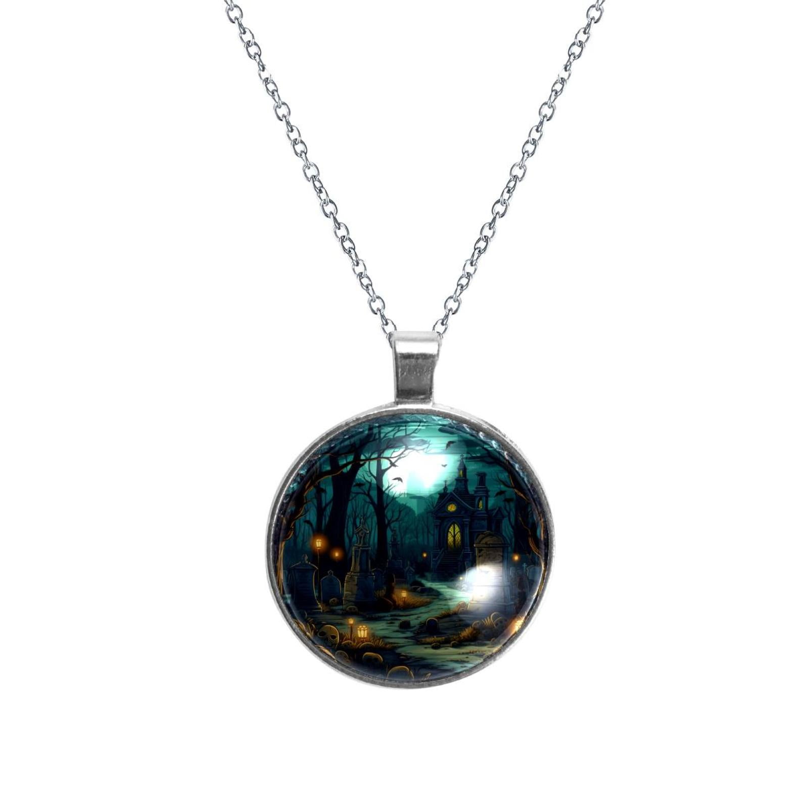 Halloween Cemetery Women's Circular Glass Pendant Necklace Jewelry ...