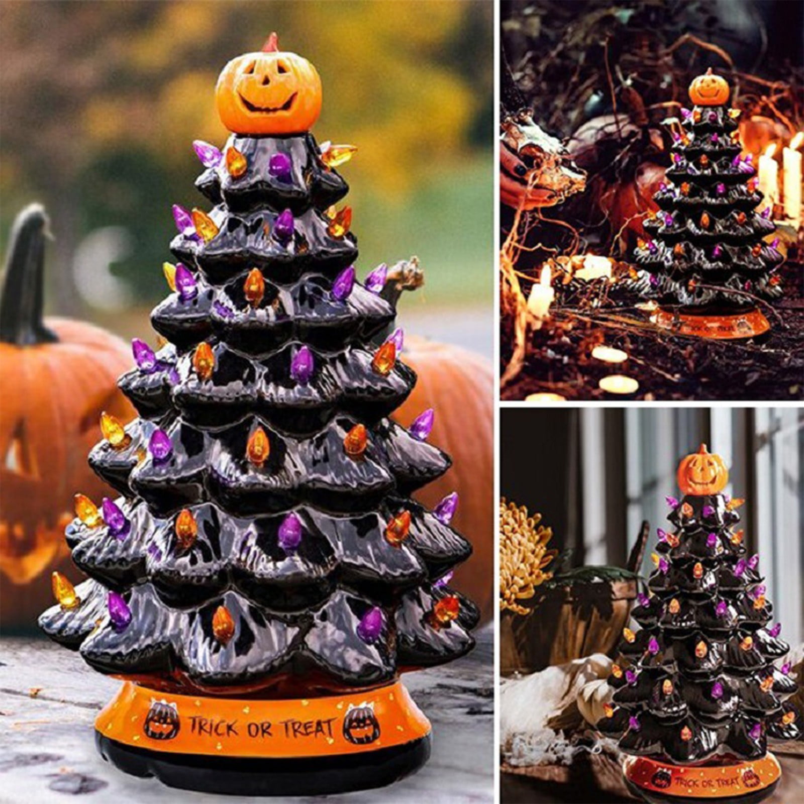 Halloween Ceramic Tree with Lights - 15" Black Tabletop Halloween Tree ...