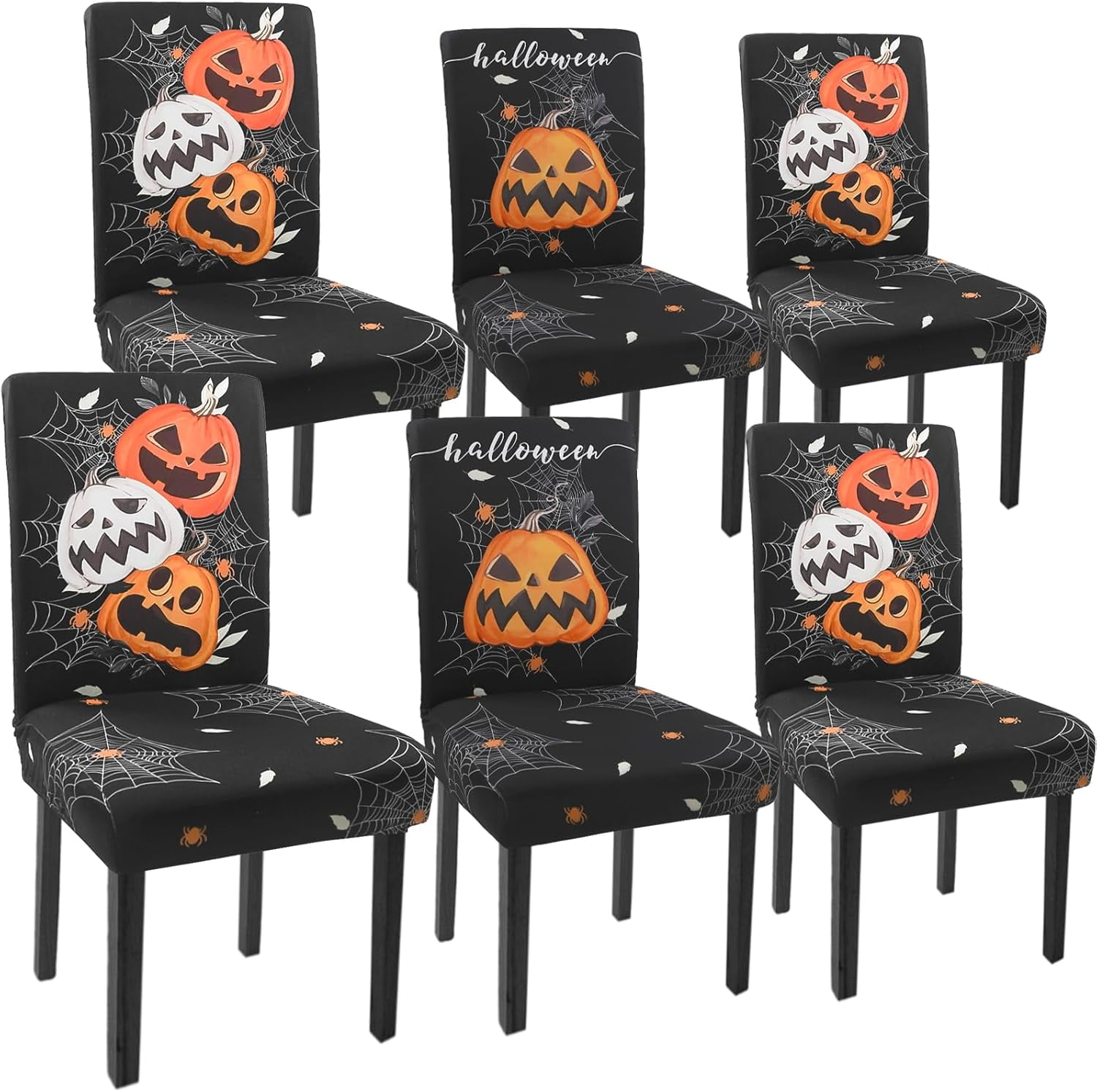 Halloween Chair Covers Set of 6 Pumpkin Ghost Spider Stretch Parsons ...