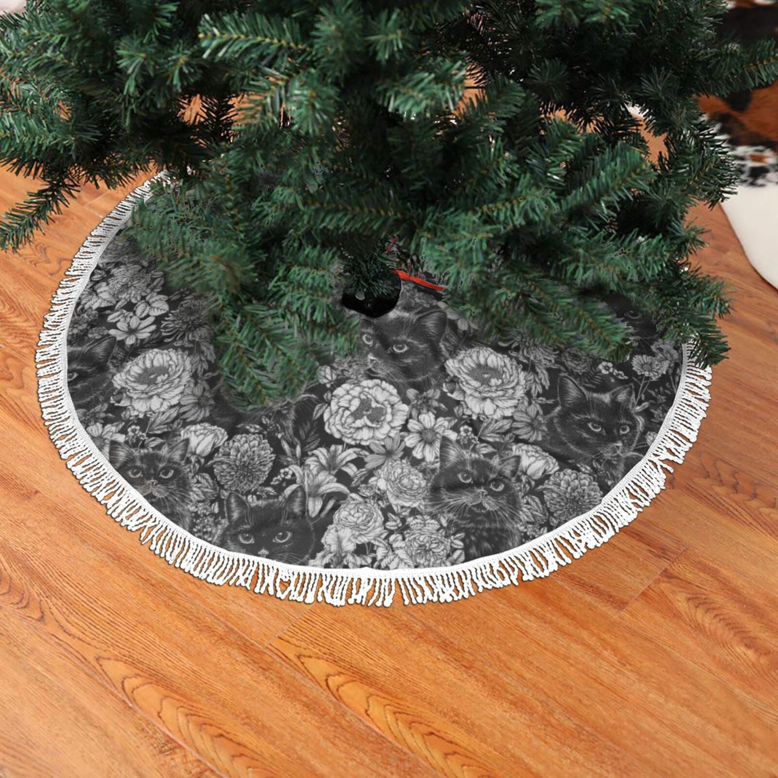 Halloween Christmas Tree Skirt, Black Cats In A Garden Tree Mat Tree ...