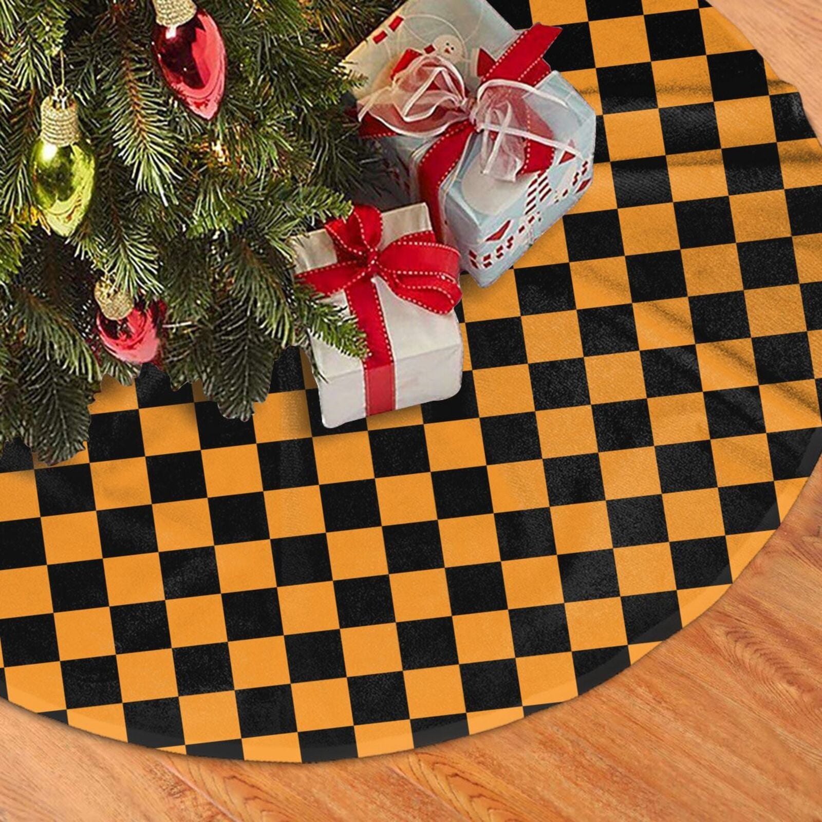Halloween Christmas Tree Skirt - Black orange checkered Tree Mat Tree ...
