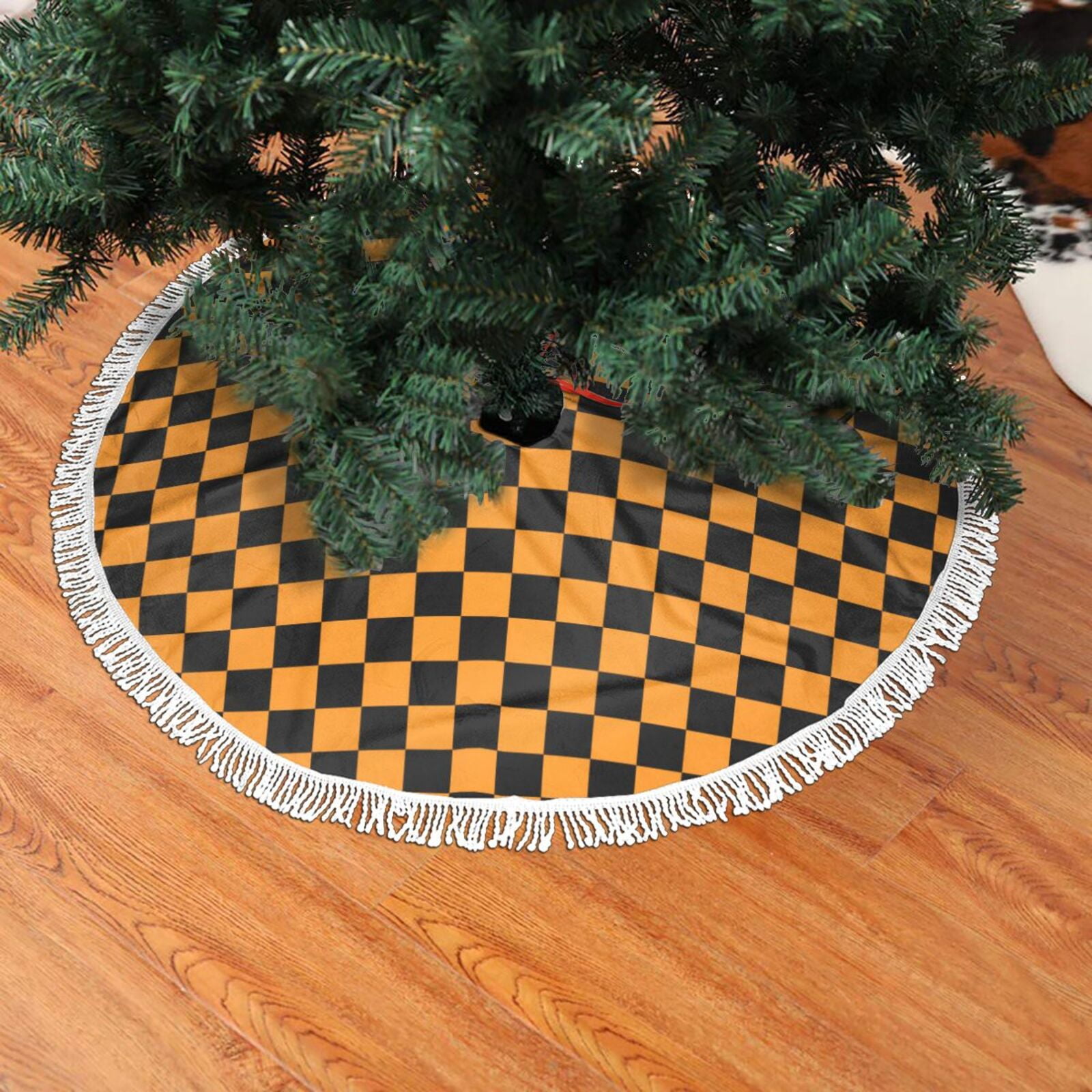 Halloween Christmas Tree Skirt, Black orange checkered Tree Mat Tree ...