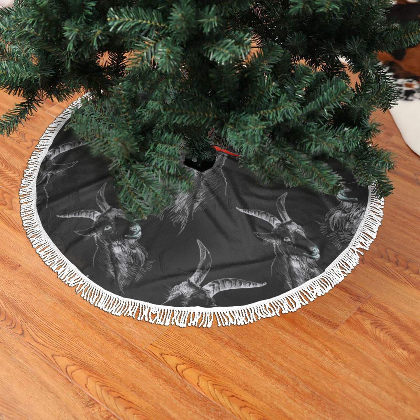 Halloween Christmas Tree Skirt, Goat heads hand drawn black cool Tree ...