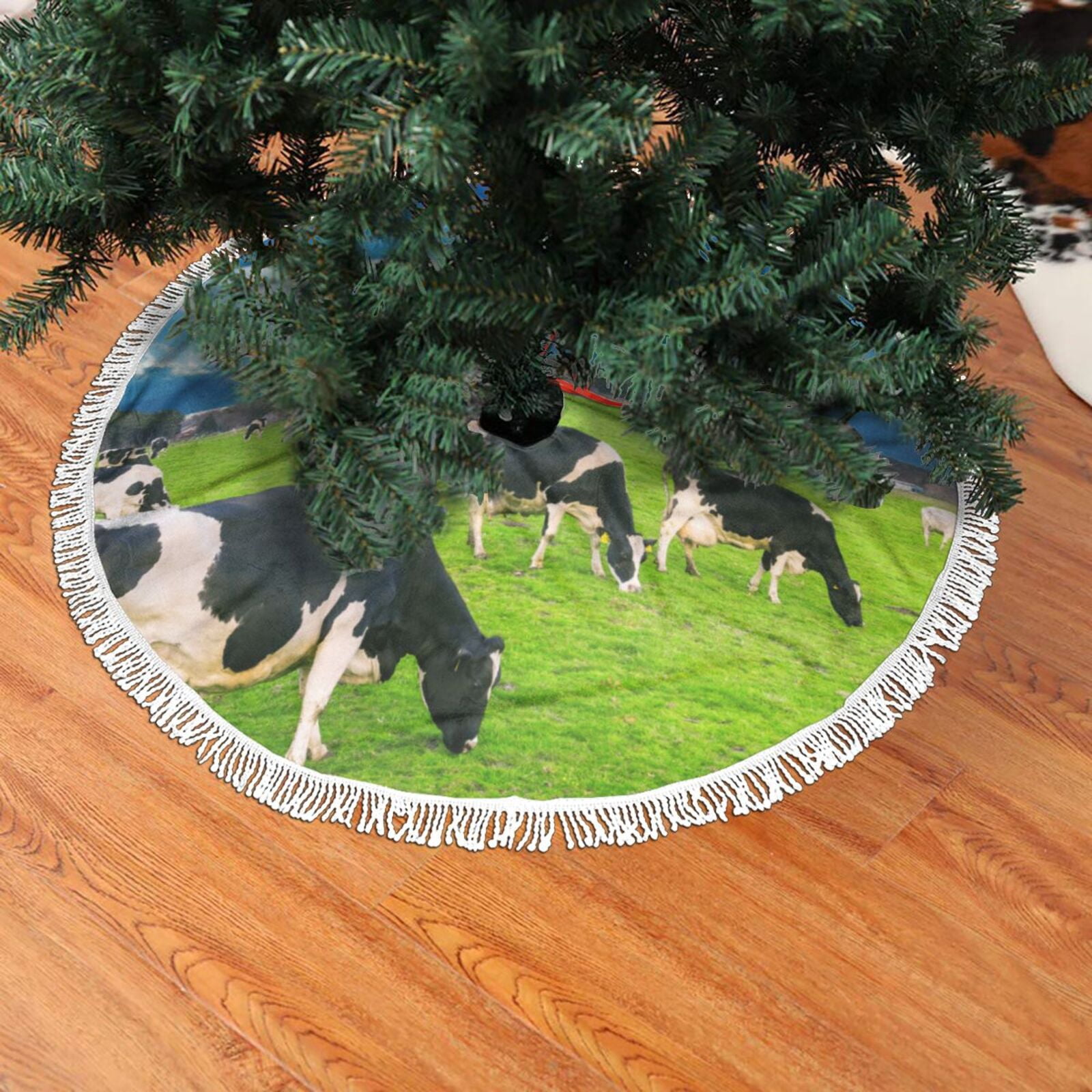 Halloween Christmas Tree Skirt, Grazing Cows Mountain View Tree Mat ...