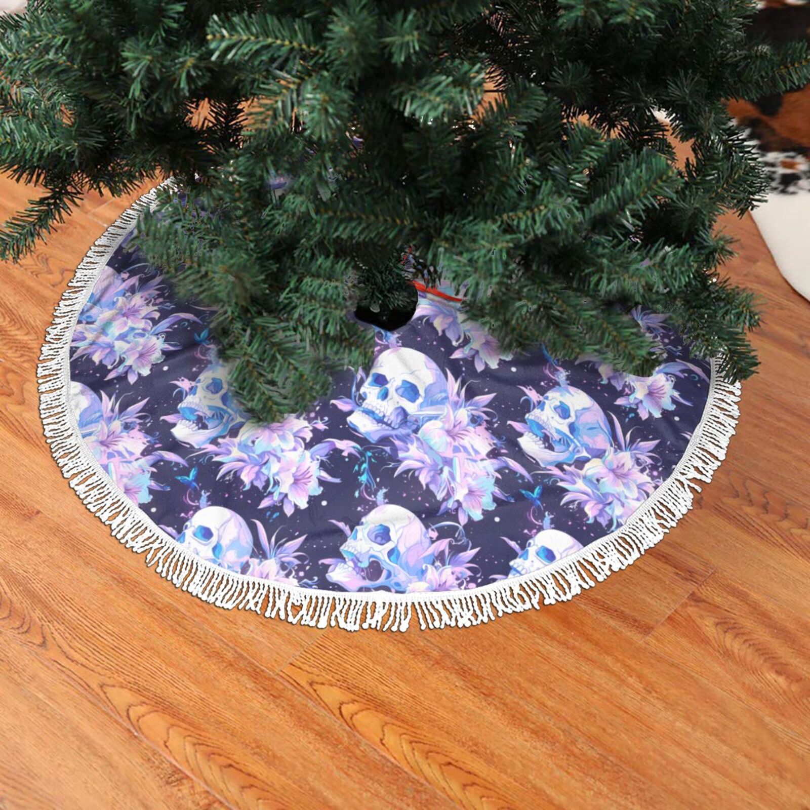 Halloween Christmas Tree Skirt, blue starry sky Skull flower Tree Mat ...
