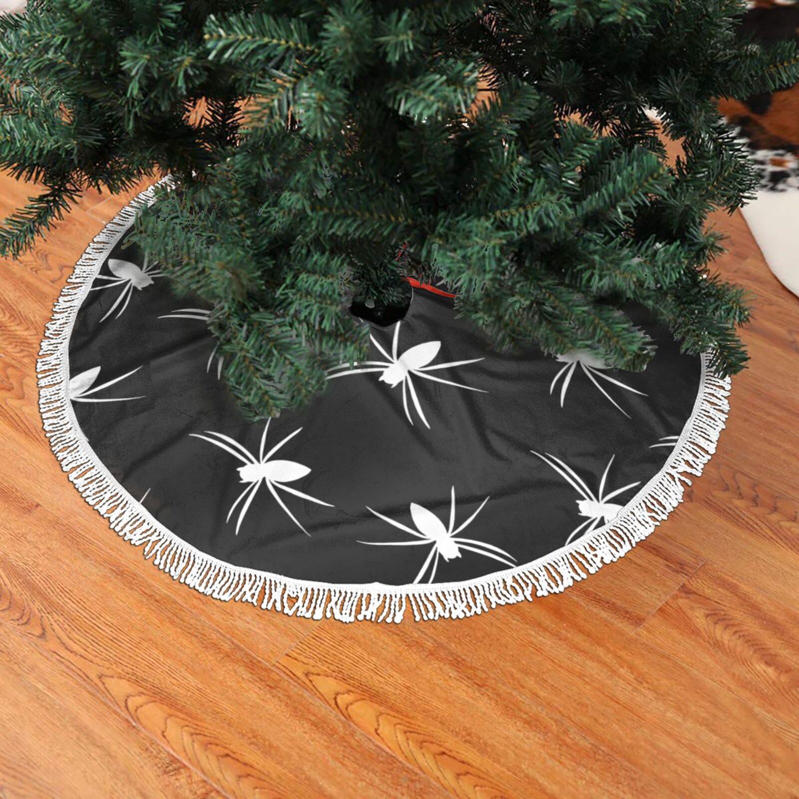 Halloween Christmas Tree Skirt, white spider doodle black Tree Mat Tree ...