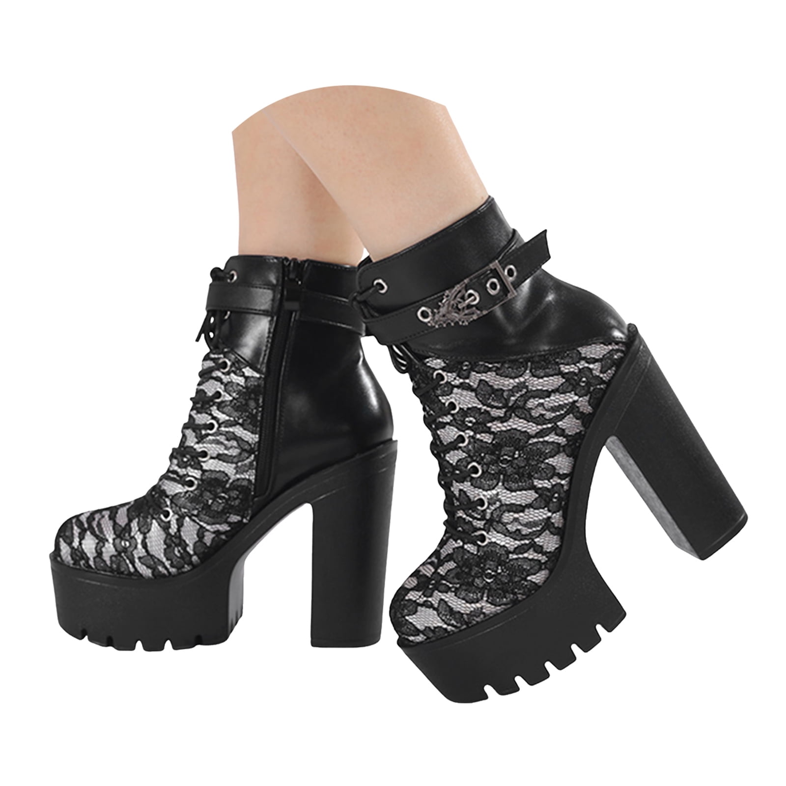 Halloween Chunky High Heels Combat Boots for Women Gothic Black Lace ...