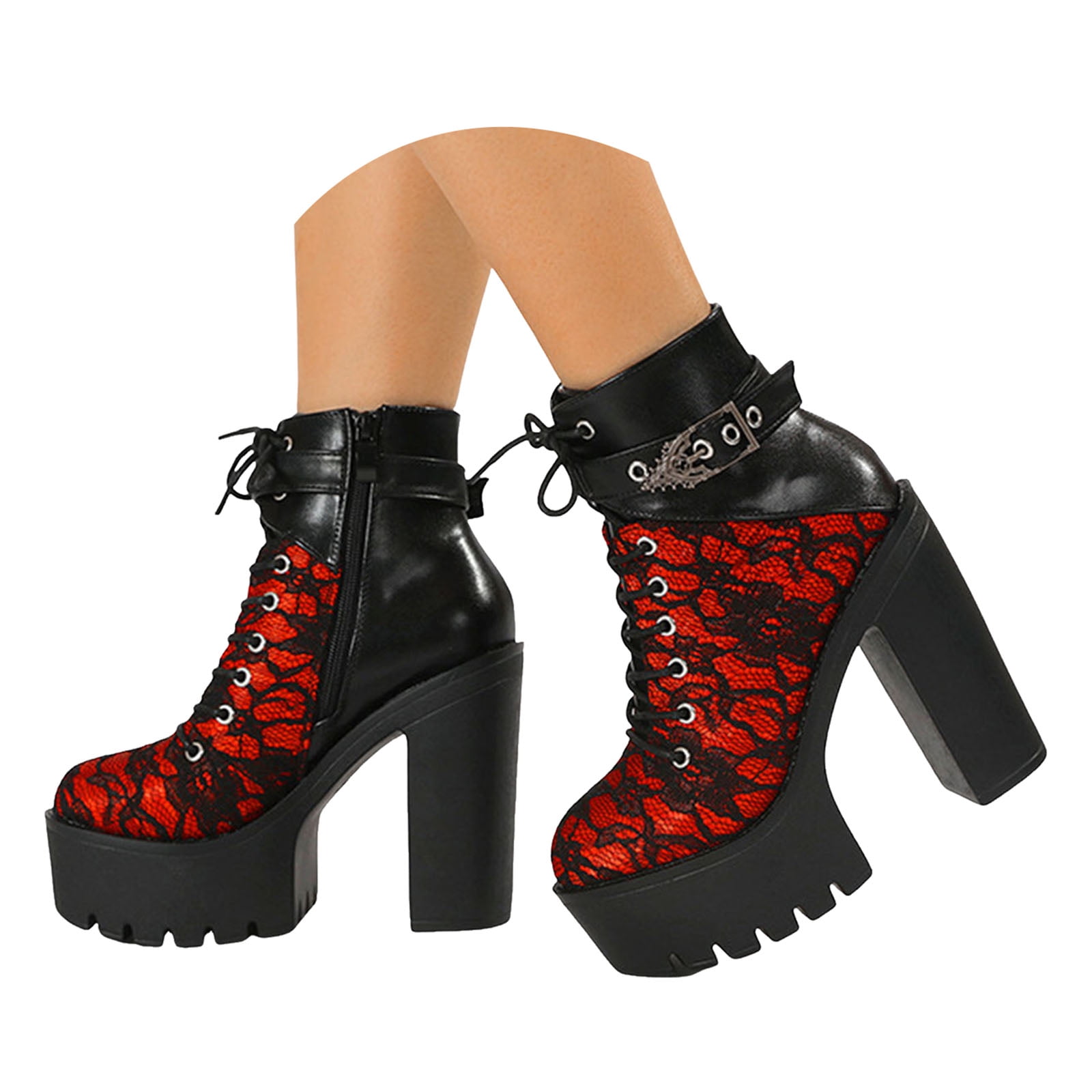 Halloween Chunky High Heels Combat Boots for Women Gothic Black Lace Leather Patchwork Platform ...