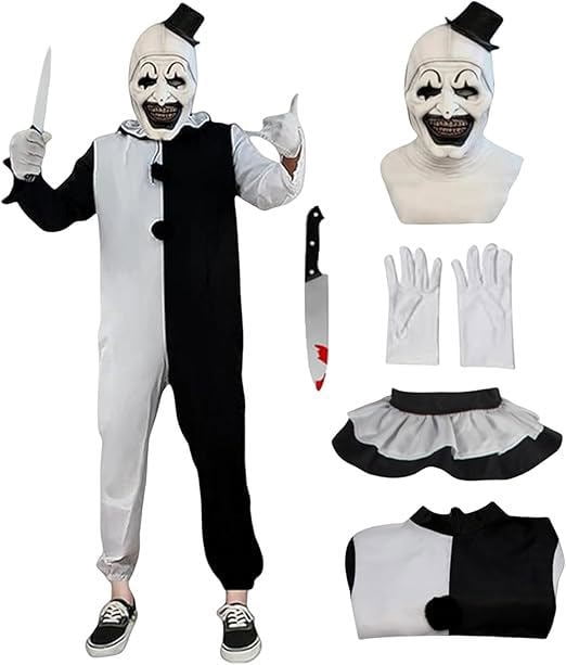 Halloween Clown Cosplay Clown Black White Jumpsuit With Mask Scary ...