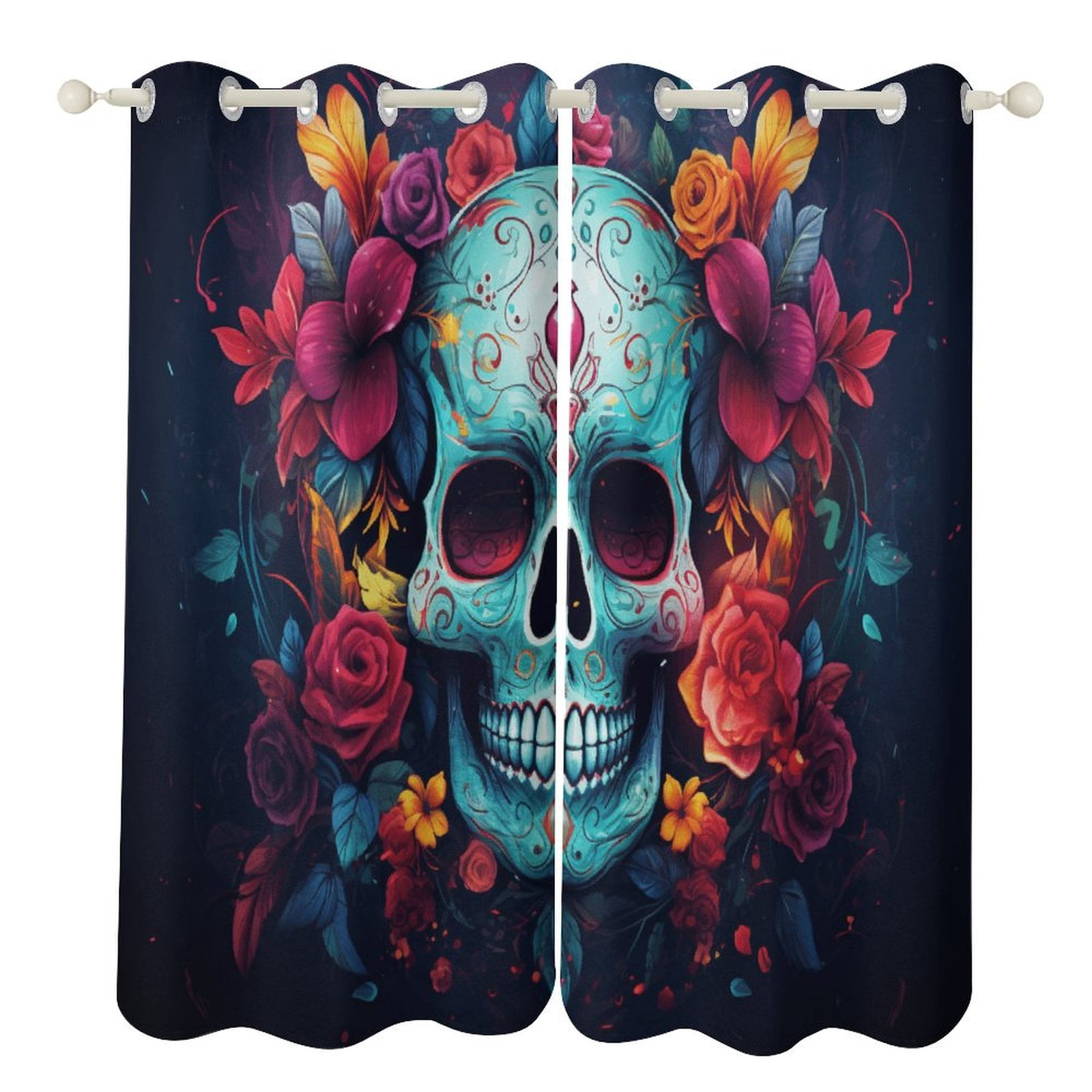 Halloween Colored Skull 2 Panel Curtain Set, Watercolor Painting Window ...