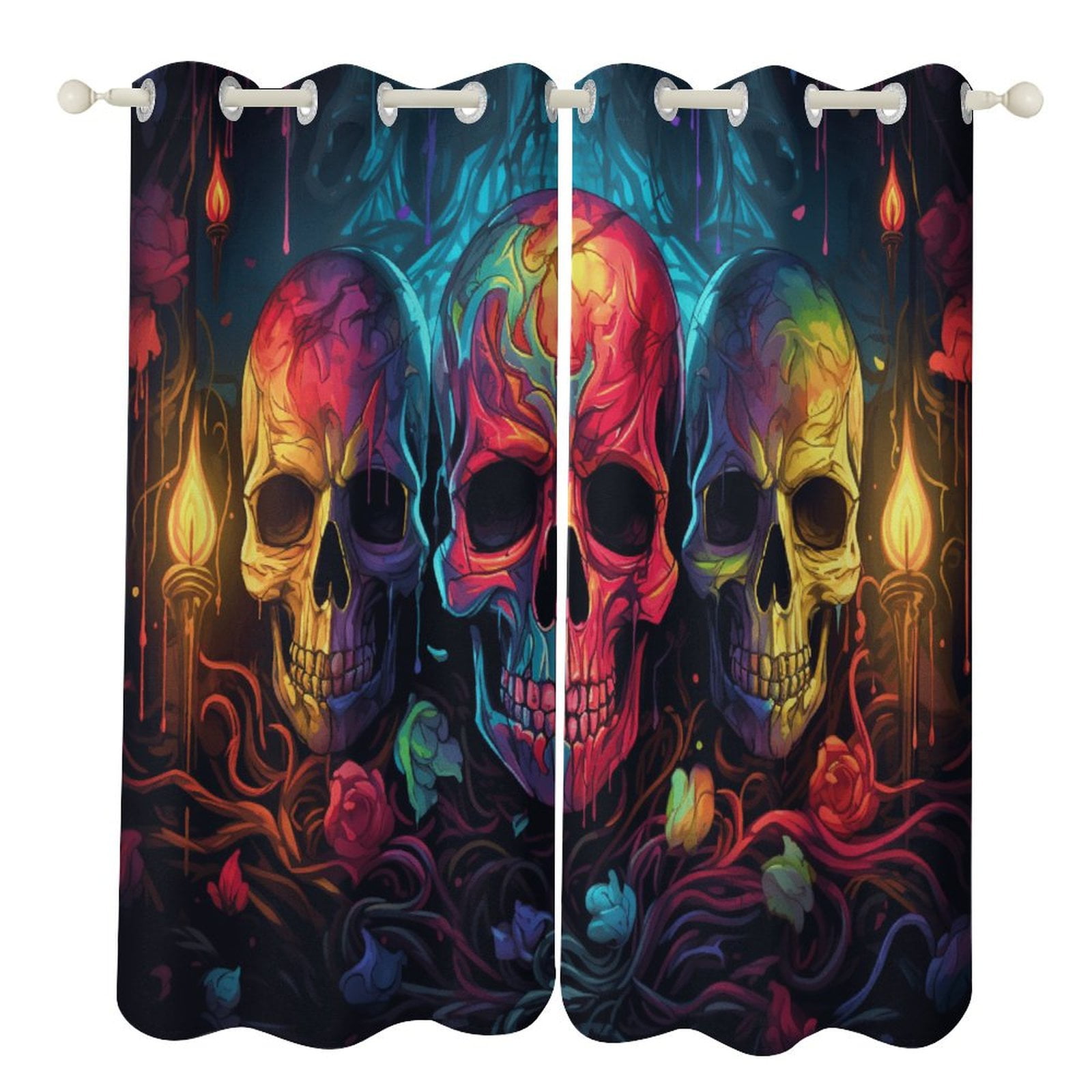 Halloween Colored Skull 2 Panel Curtain Set, Watercolor Painting Window ...