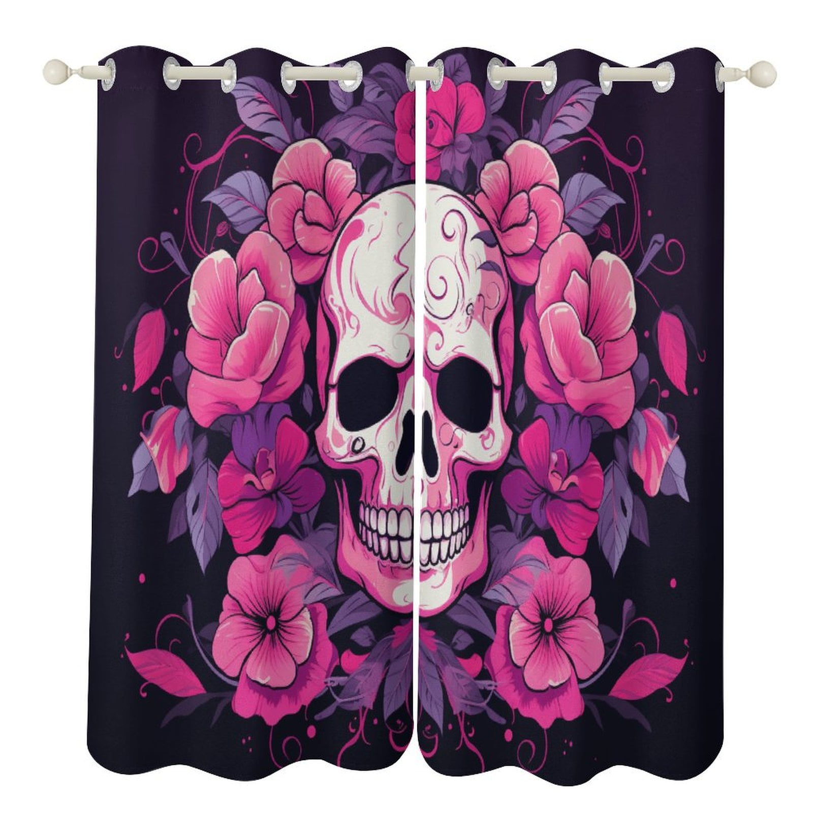 Halloween Colored Skull 2 Panel Curtain Set, Watercolor Painting Window ...