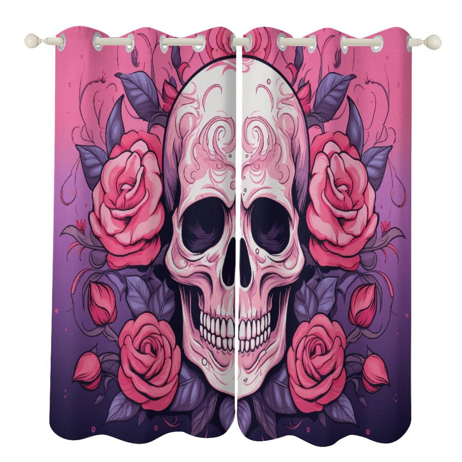 Halloween Colored Skull 2 Panel Curtain Set, Watercolor Painting Window ...