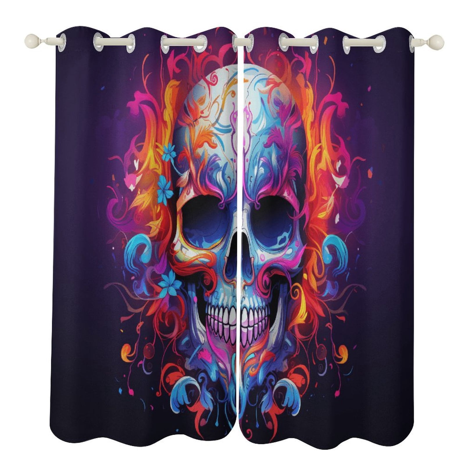 Halloween Colored Skull Curtains Watercolor Theme Window Curtains ...