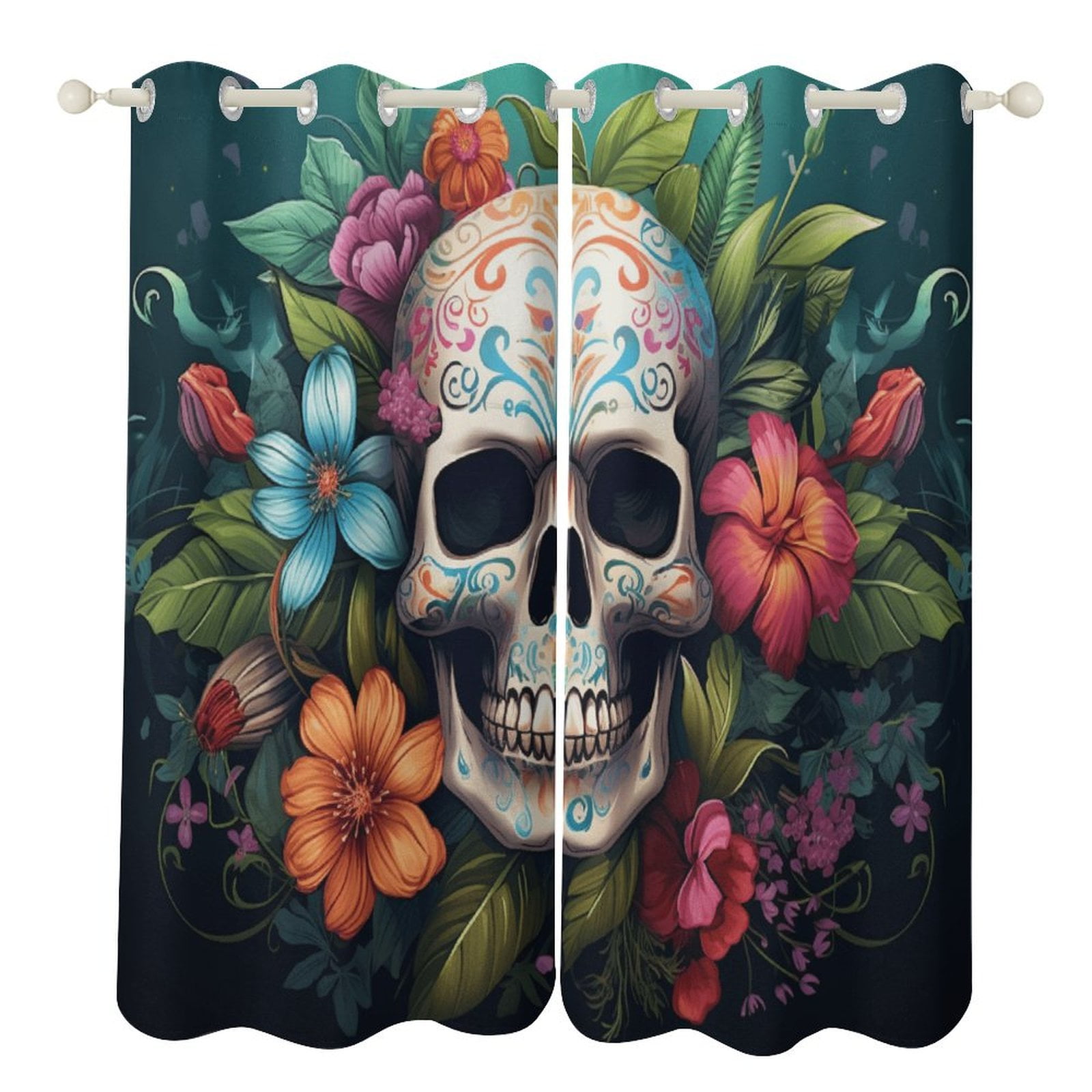 Halloween Colored Skull Window Curtains for Bedroom Colorful Printed ...