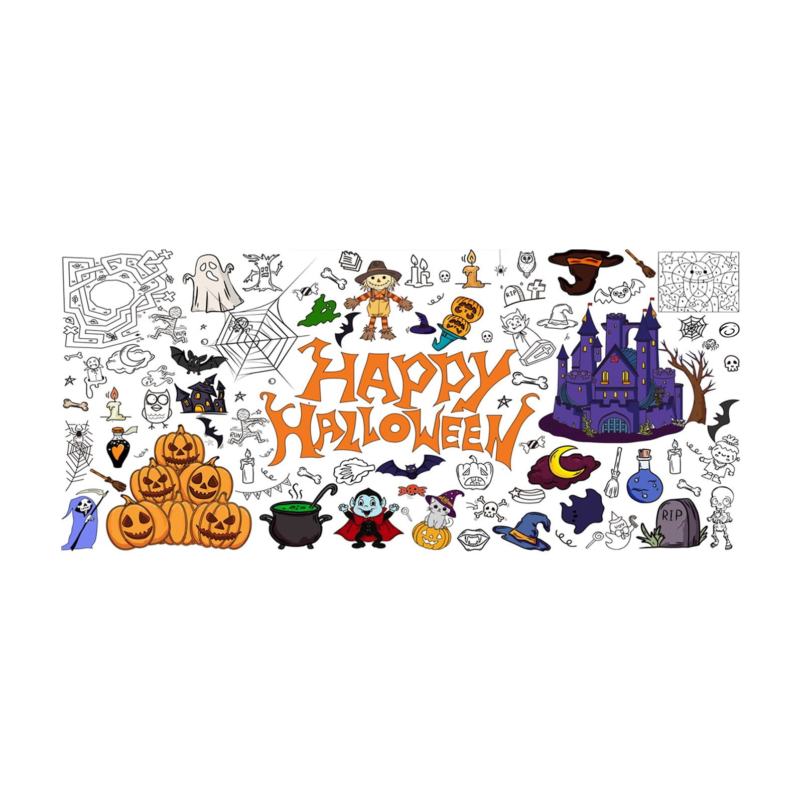 Halloween Coloring Page - Spooky Halloween Doodle Banner (30"x72 ...