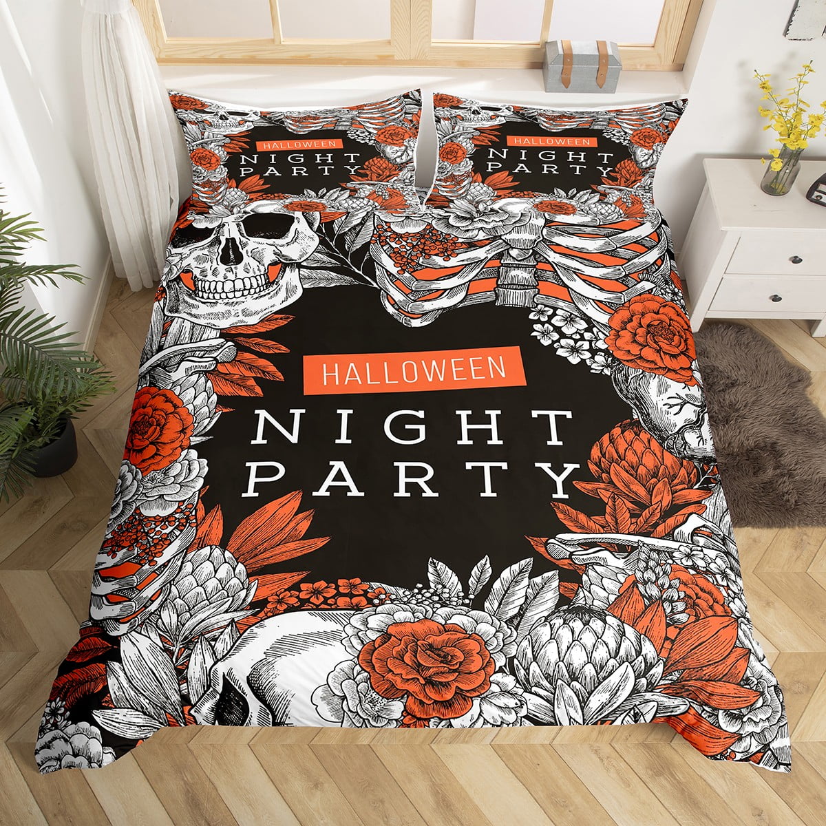 Halloween Comforter Cover Skeleton Skull Bones Duvet Cover, Floral ...