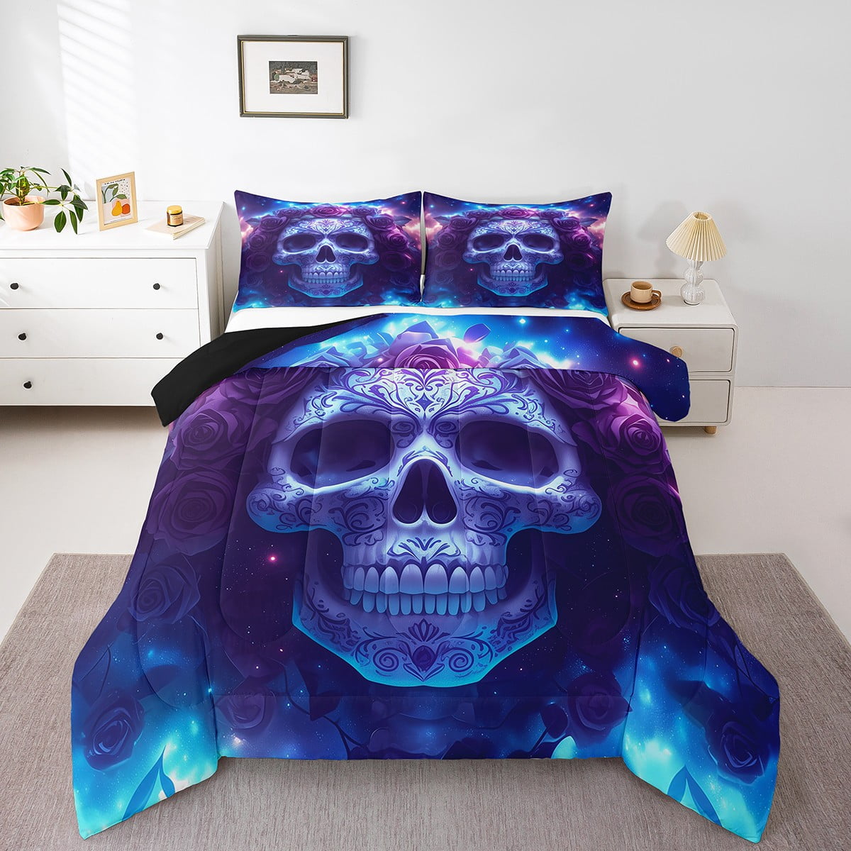Halloween Down Comforter Gothic Bones Bedding Sets,Purple Starry Sky ...