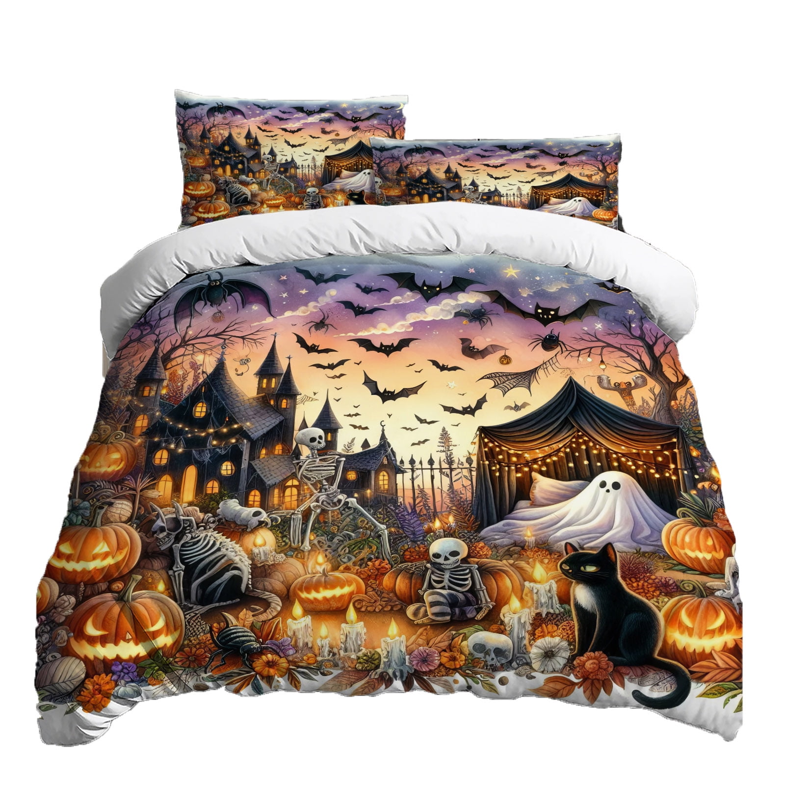 Halloween Comforter Set 3D Printed Spooky Bedding Queen Size Orange ...