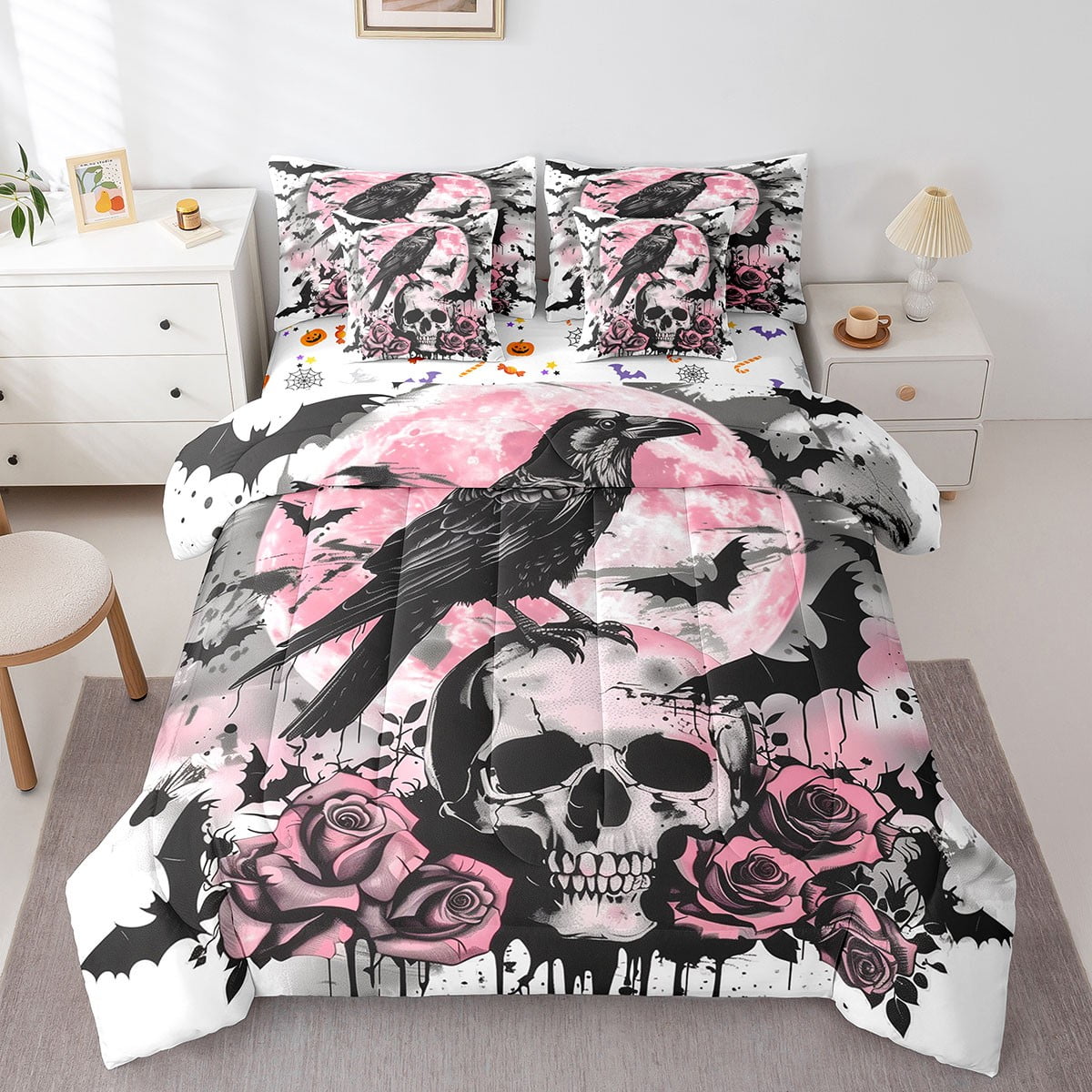 Halloween Comforter Set Queen Size,Skull Skeleton Bones Bedding Set 7 ...