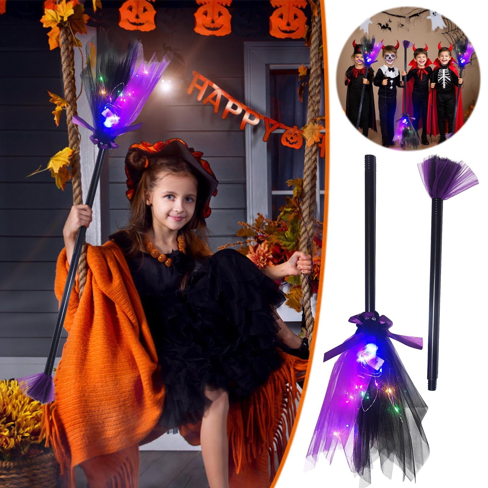 Halloween Cosplay Detachable Witch Broom Kids Costume Prop Light-Up ...