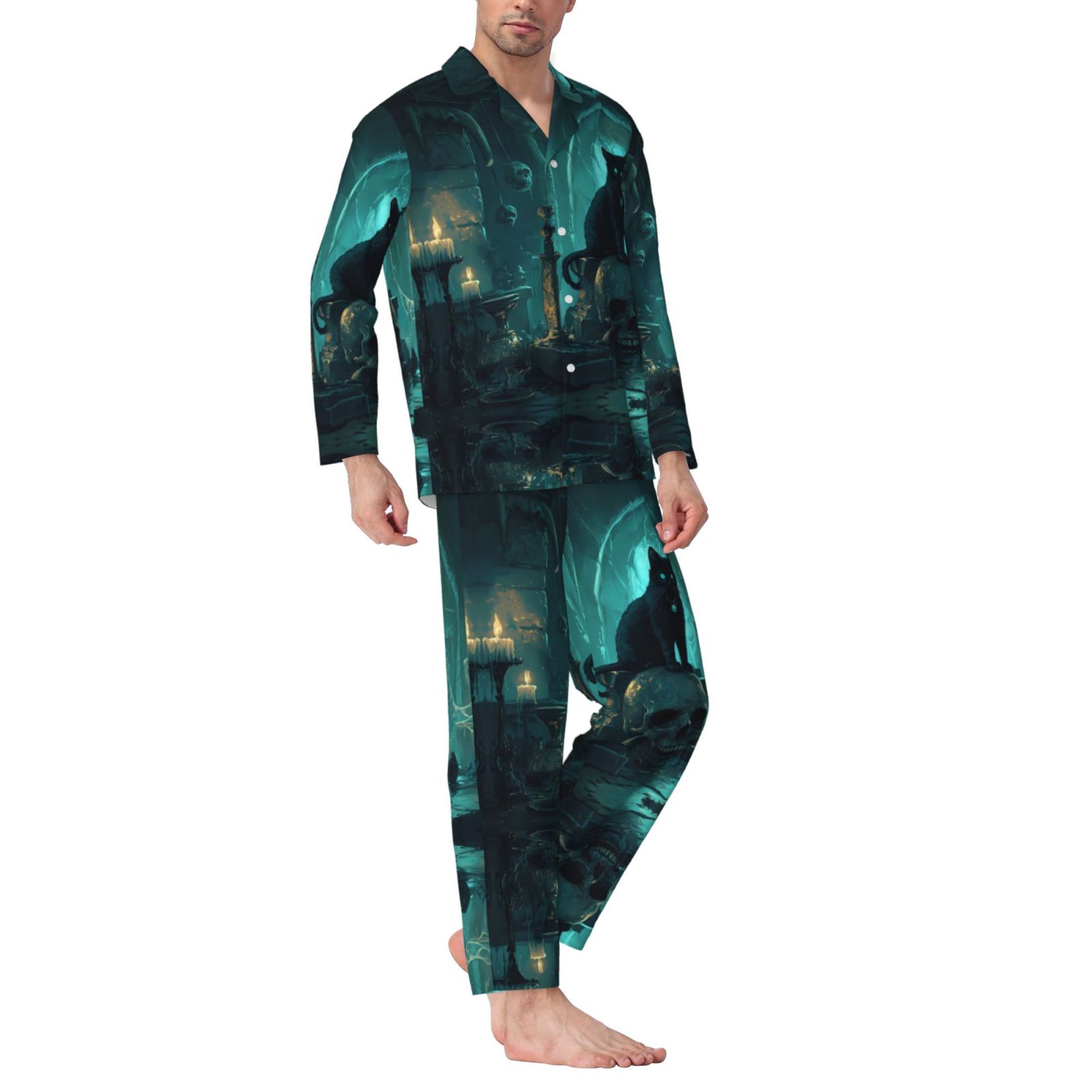 Halloween Costumes Mens Pajamas Set, Halloween Vintage Skull Black Cat ...