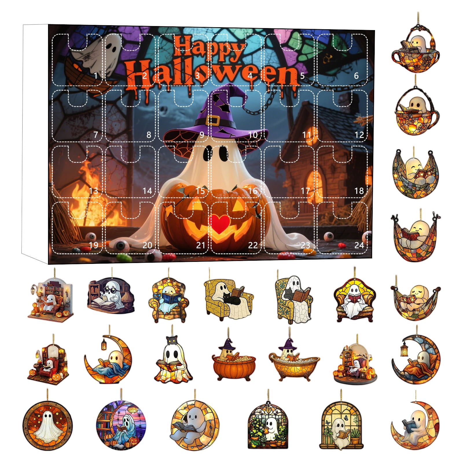 Halloween Countdown Calendar with 24 Pieces - Ghost Reading Book Themed ...