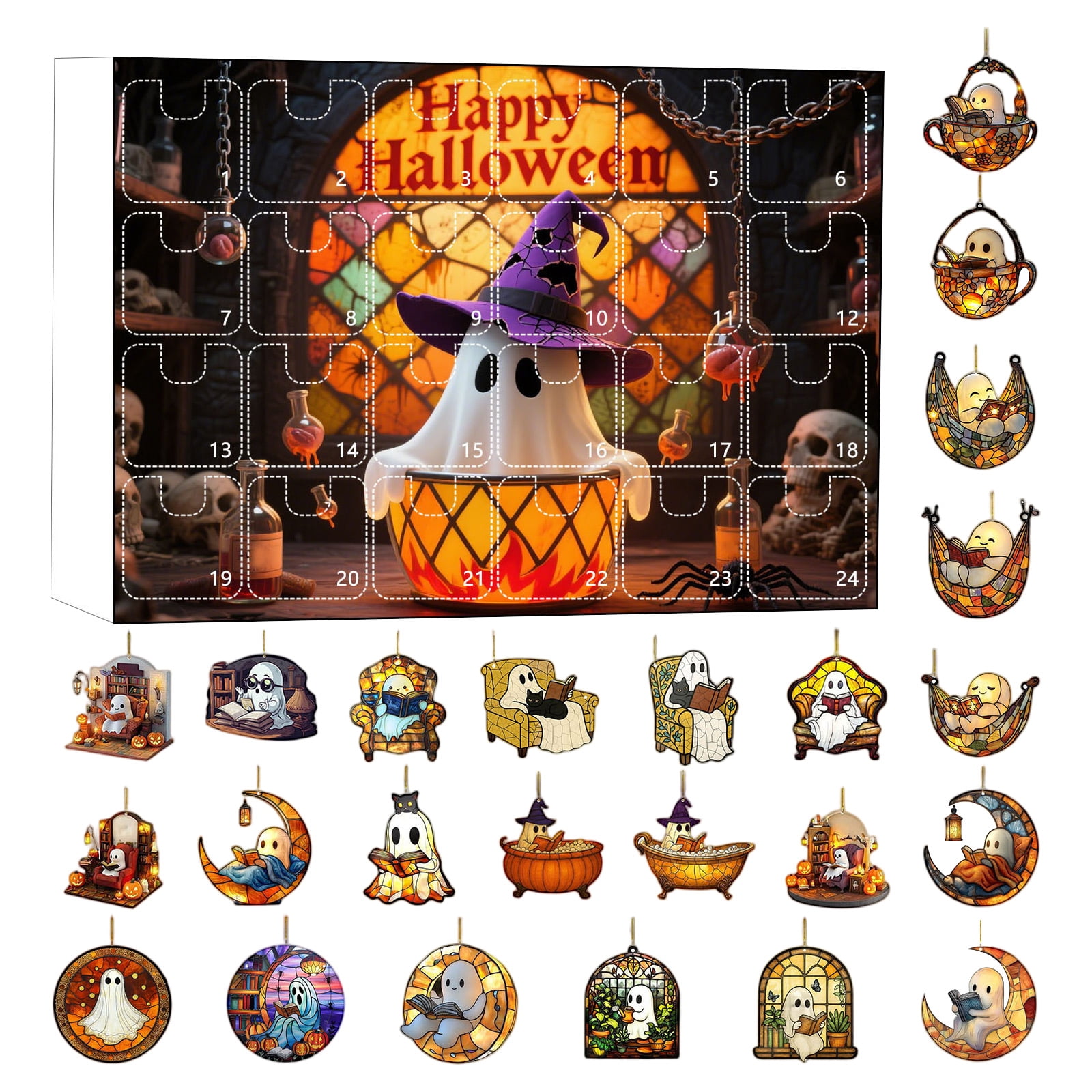 Halloween Countdown Calendar with 24 Pieces - Ghost Reading Book Themed ...
