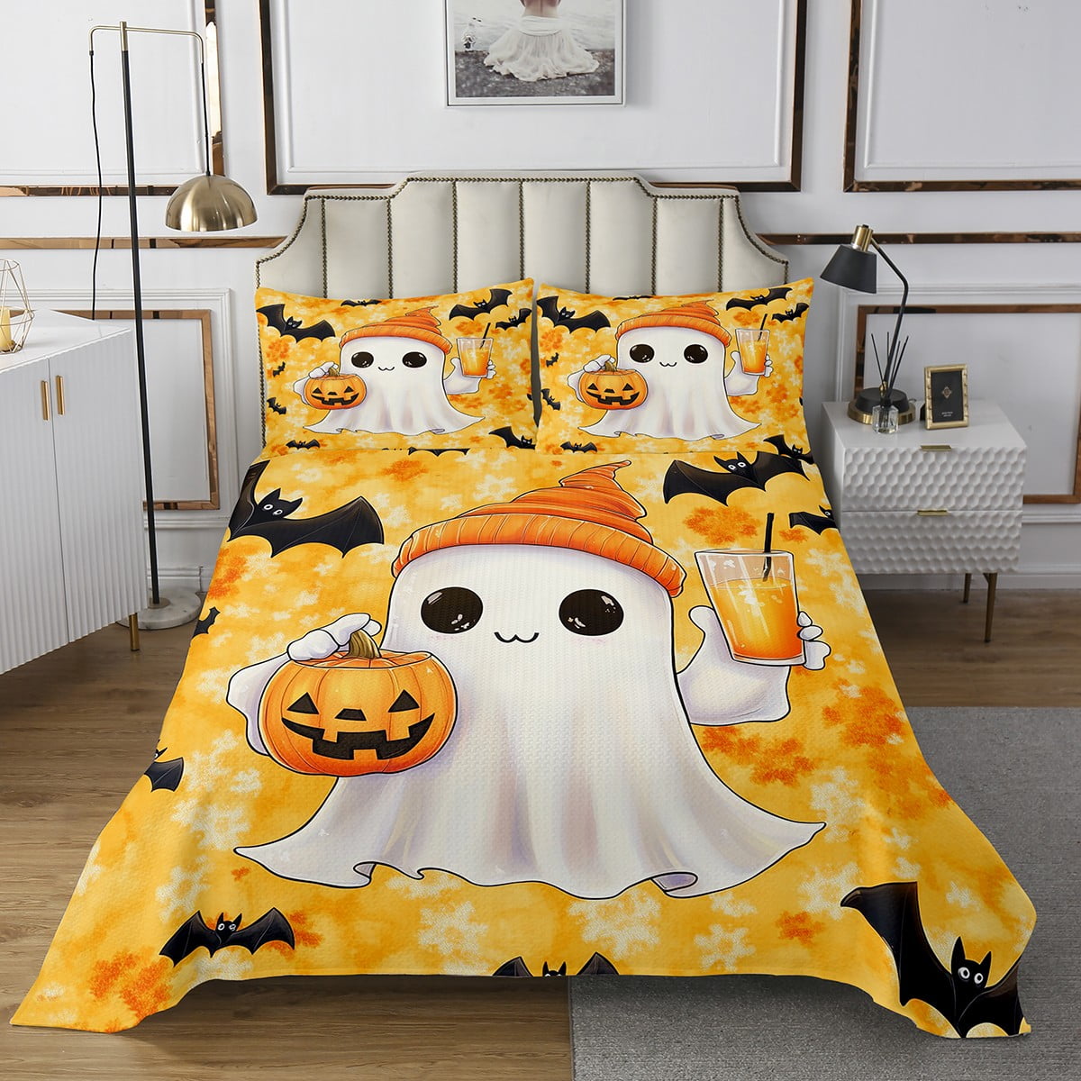 Halloween Coverlet Set Cute Cartoon Ghost Bedspread Set Queen Size ...