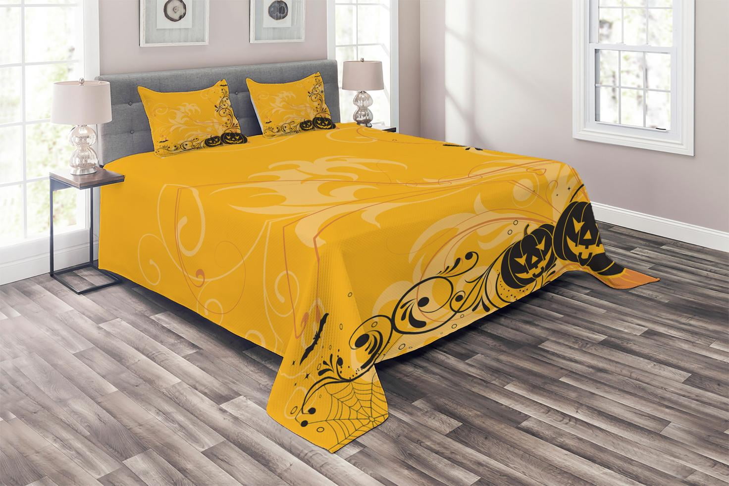 Halloween Coverlet Set Queen Size, Carved Pumpkins with Floral Patterns ...