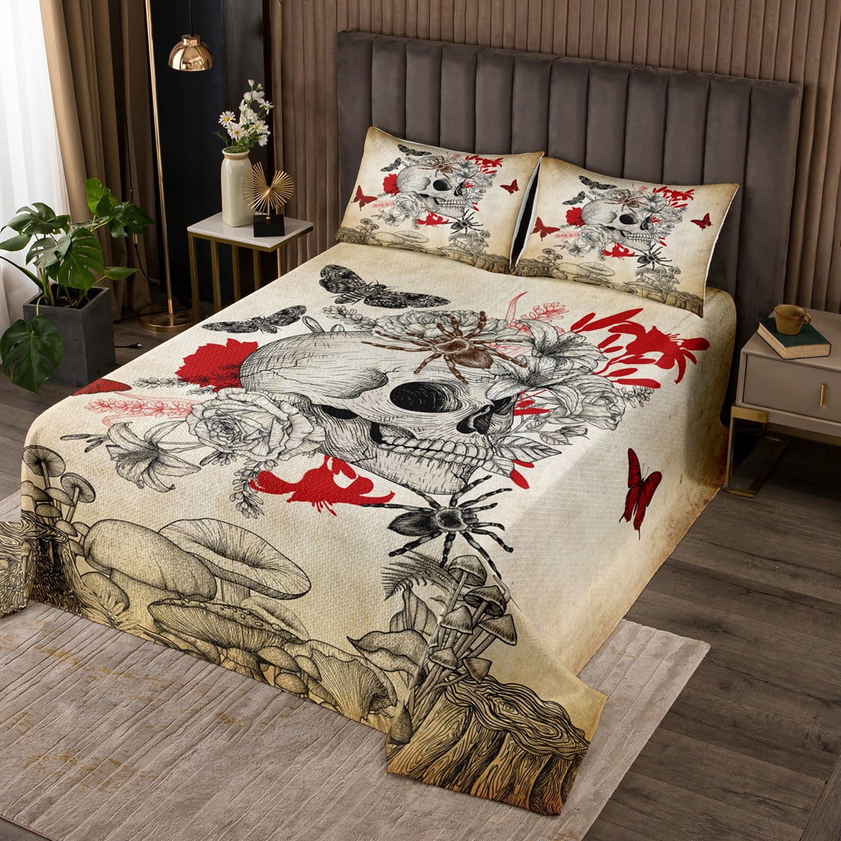 Halloween Coverlet Set Skull Skeleton Quilt Set Gothic Skull Bones ...