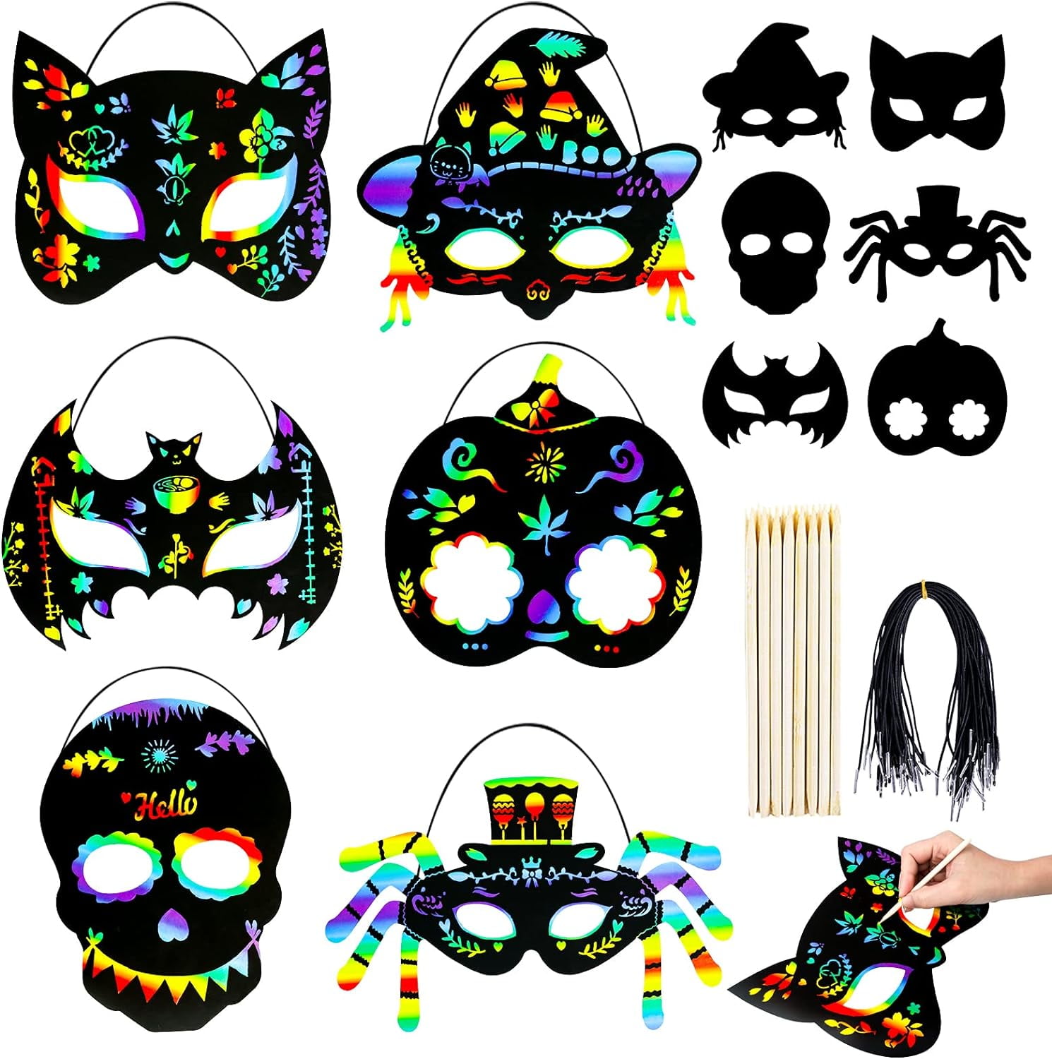 24 Pcs Halloween Scratch Masks, DIY Rainbow Scratch Paper Masks Art ...