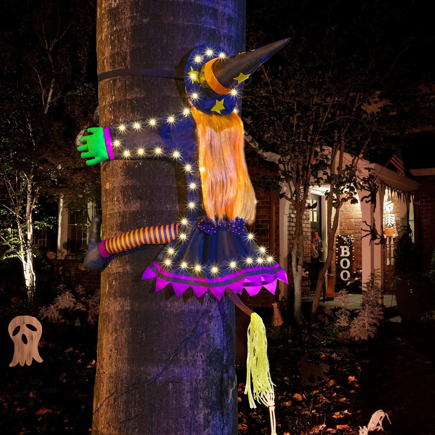 Halloween Crashing Witch Into Tree, 43" Witch with Light String ...
