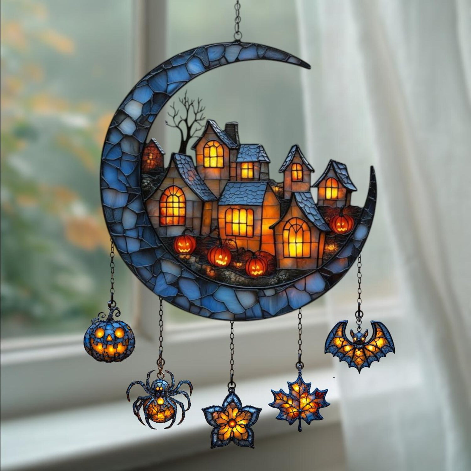 Halloween Crescent Moon Village Faux Stained Glass Acrylic Suncatcher ...