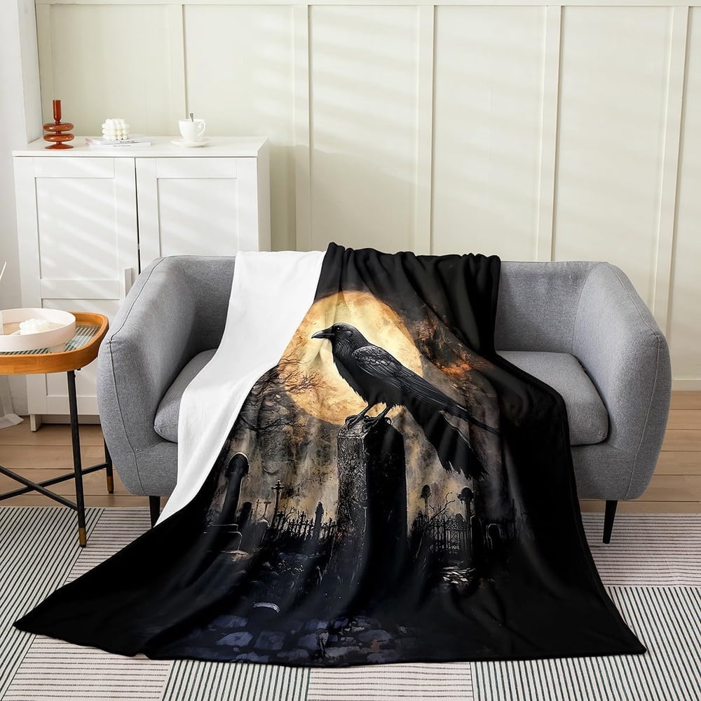 Halloween Crow Blanket Throw 50x60, Creepy Graveyard Luxury Soft Sherpa ...