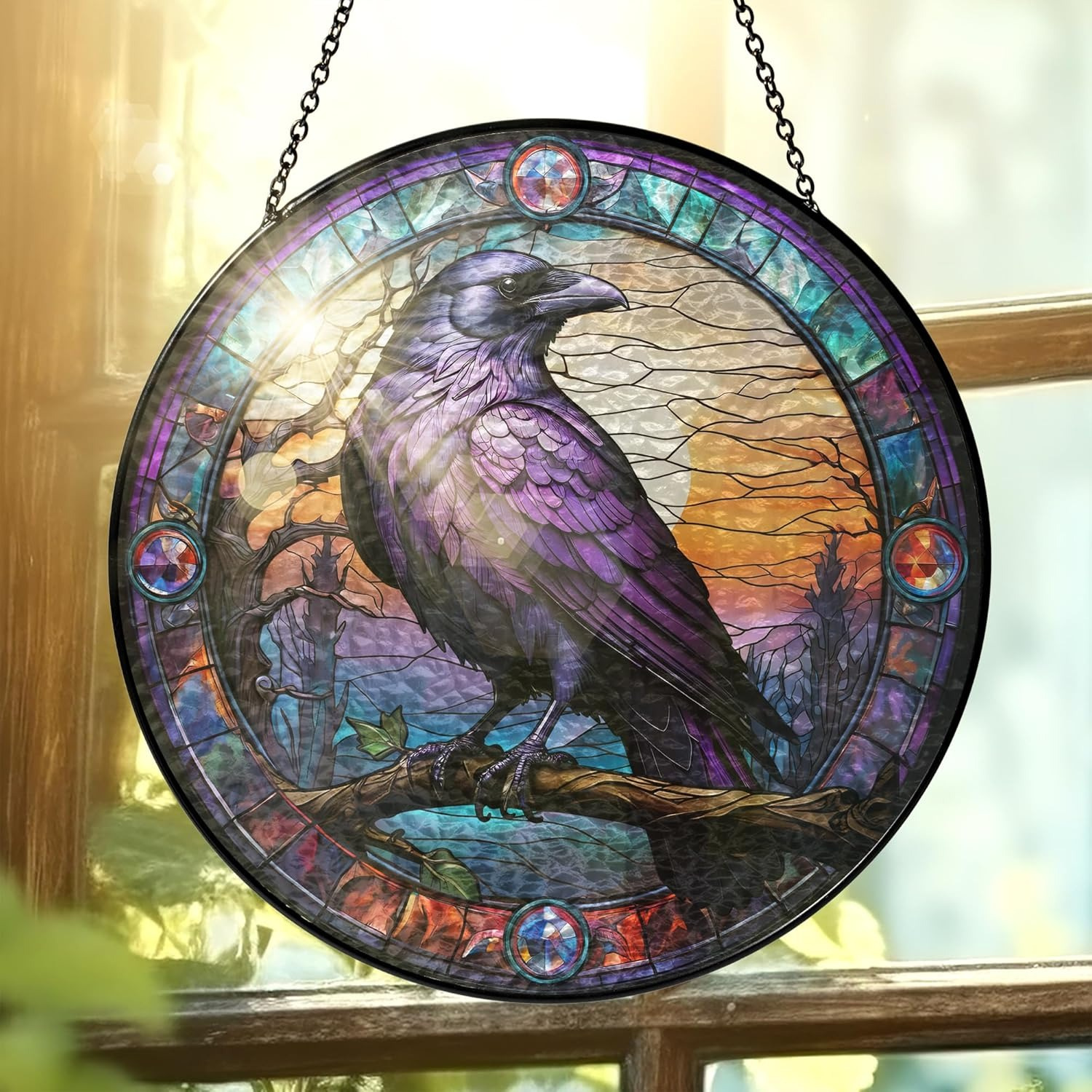 Halloween Crow Glass Suncatcher – Black Raven Stained Glass Suncatcher ...
